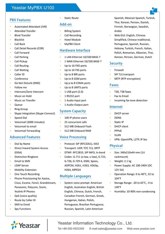 Yeastar My pbx u100_datasheet_en | PDF | Internet | Computing