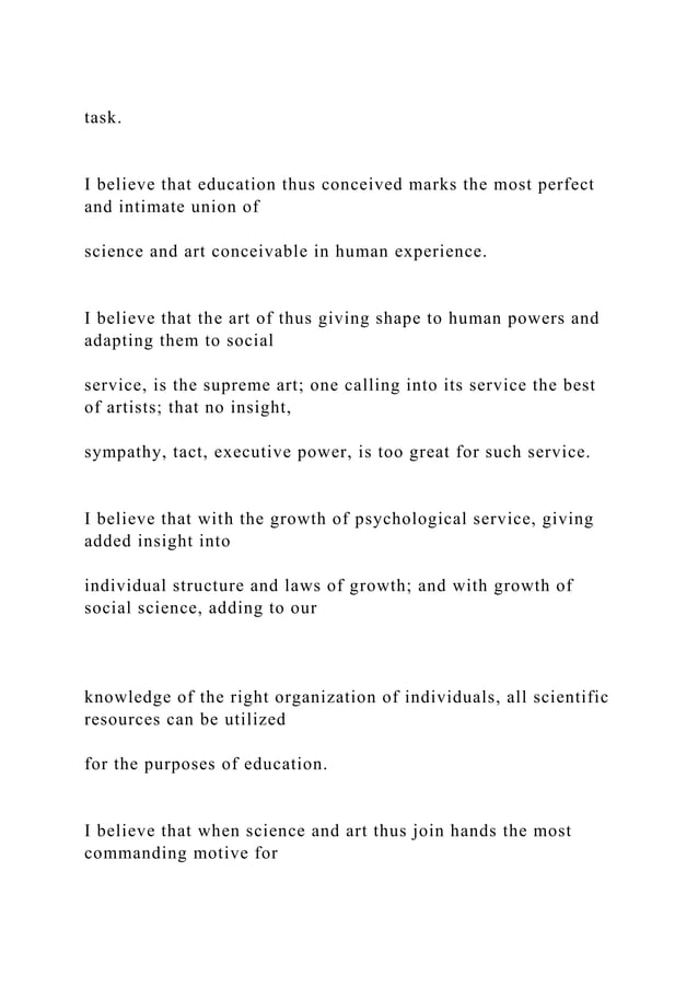 My Pedagogic Creed by John Dewey John Deweys fam.docx | Parenting | Family and Relationships