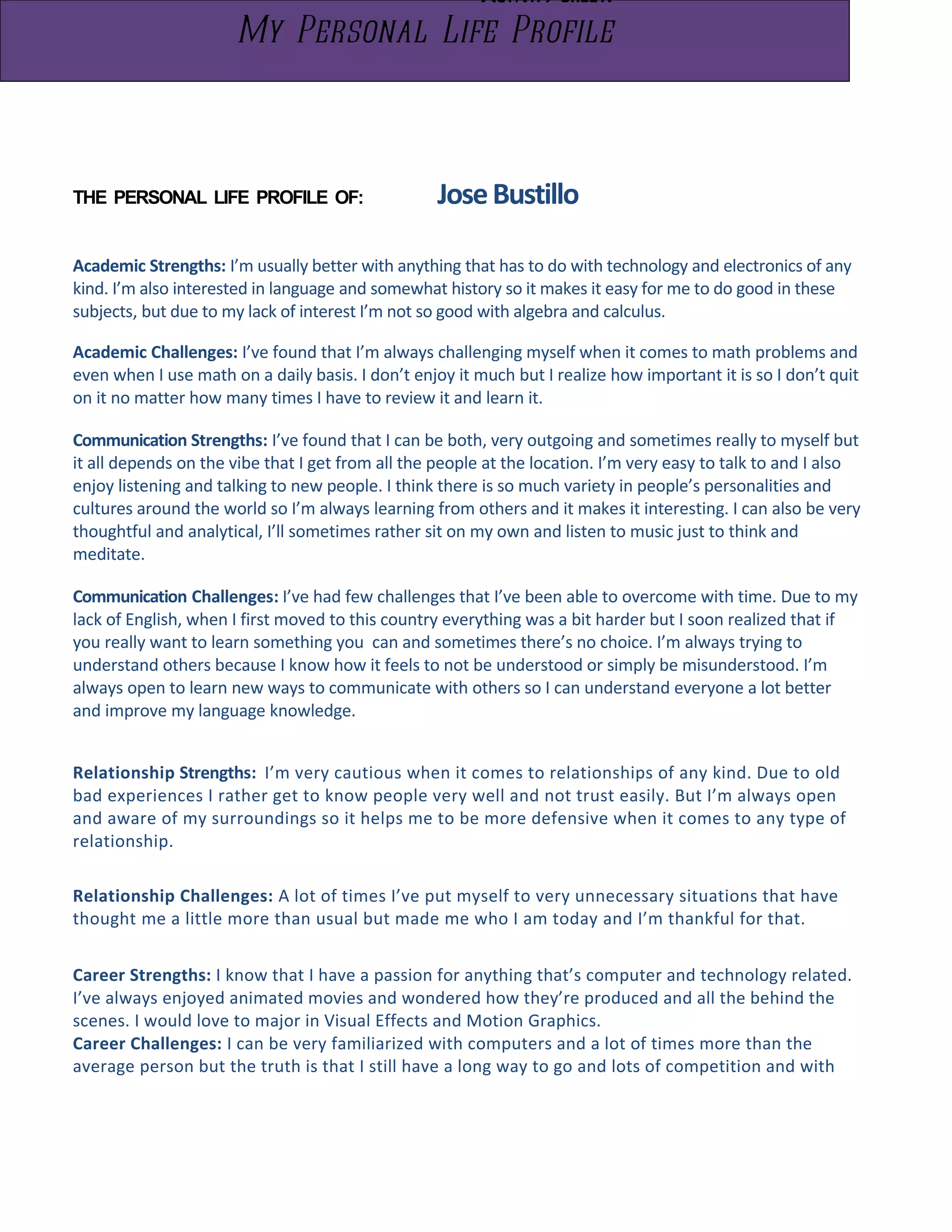 My Personal Life Profile | RTF