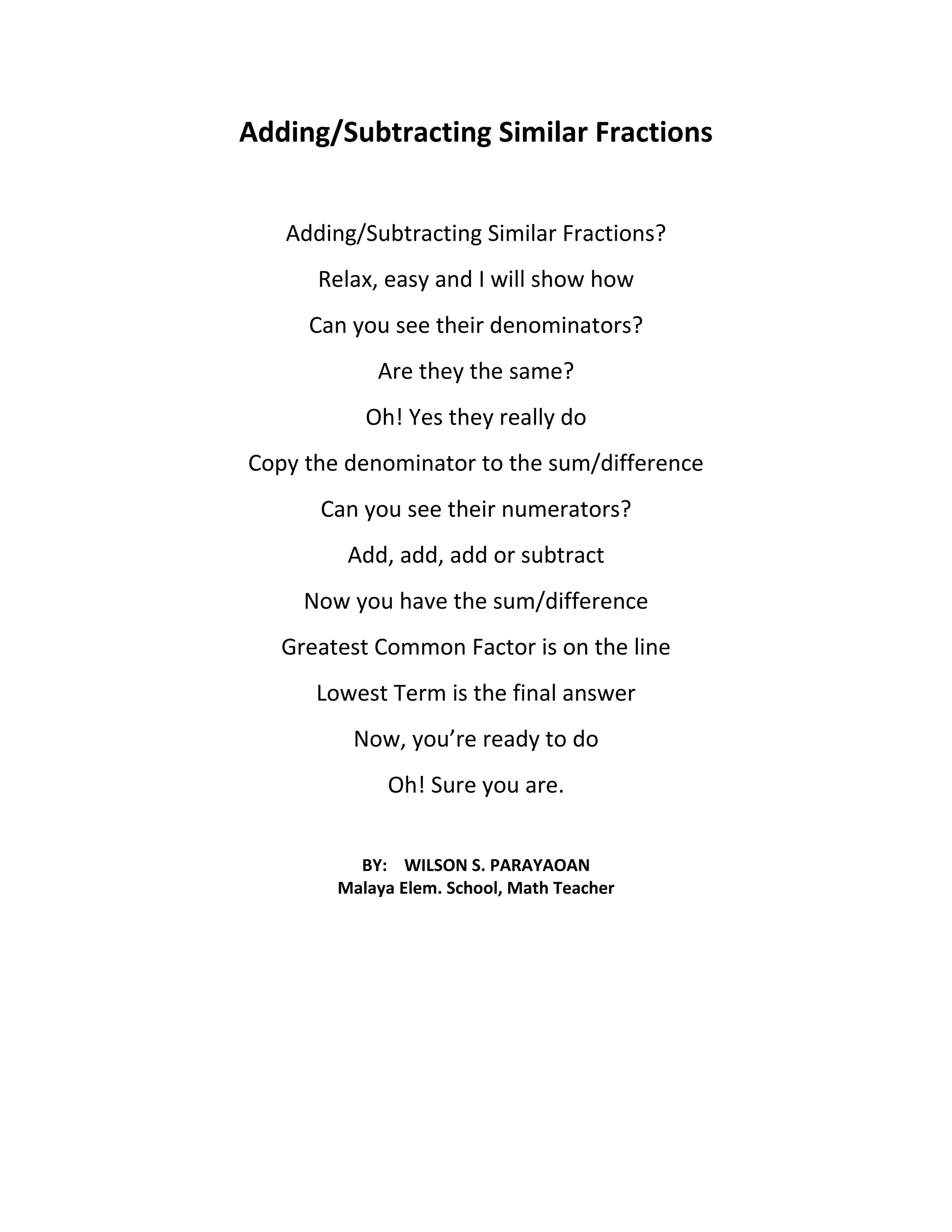 Poem: Adding/Subtracting Similar Fractions | DOC