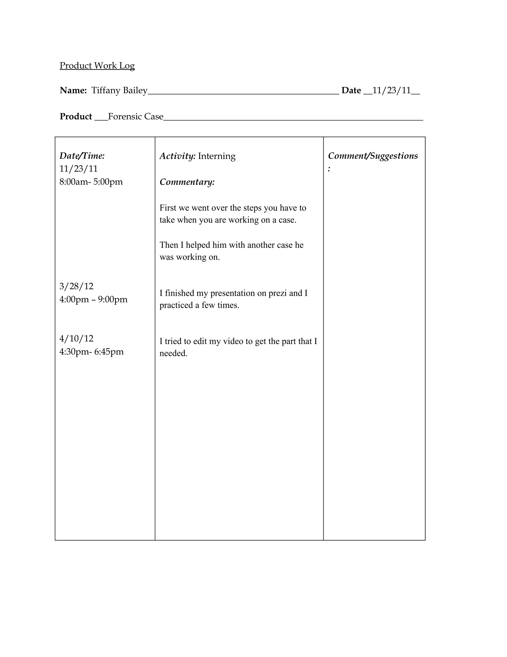 My Product Work Log Senior Project | DOC