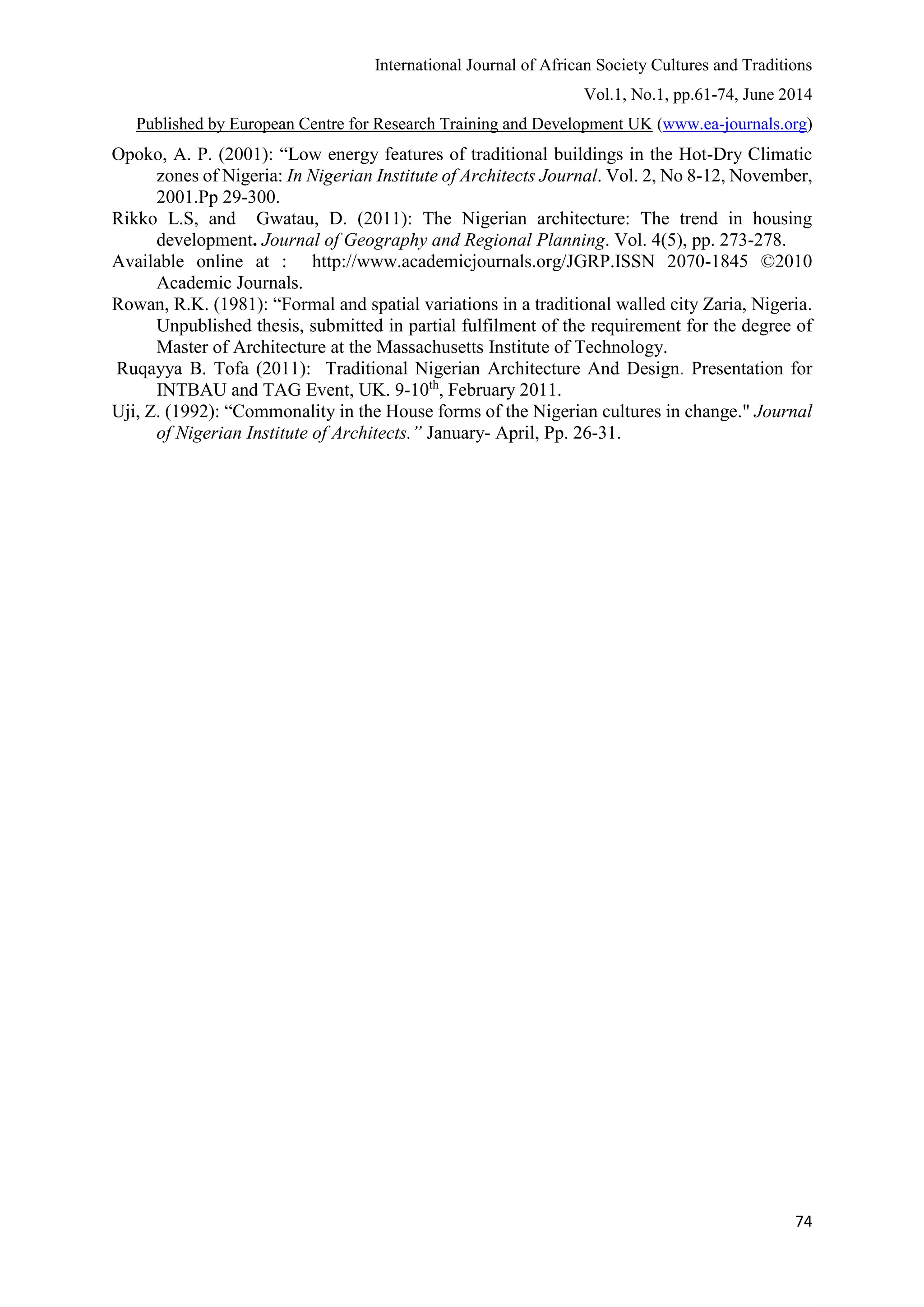 DEVELOPMENT OF TRADITIONAL ARCHITECTURE IN NIGERIA: A CASE STUDY OF ...