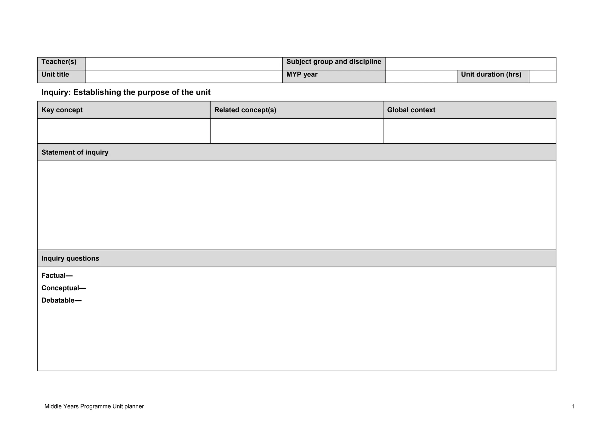 Unit planner for MYP Lesson Plannigngng. | DOCX