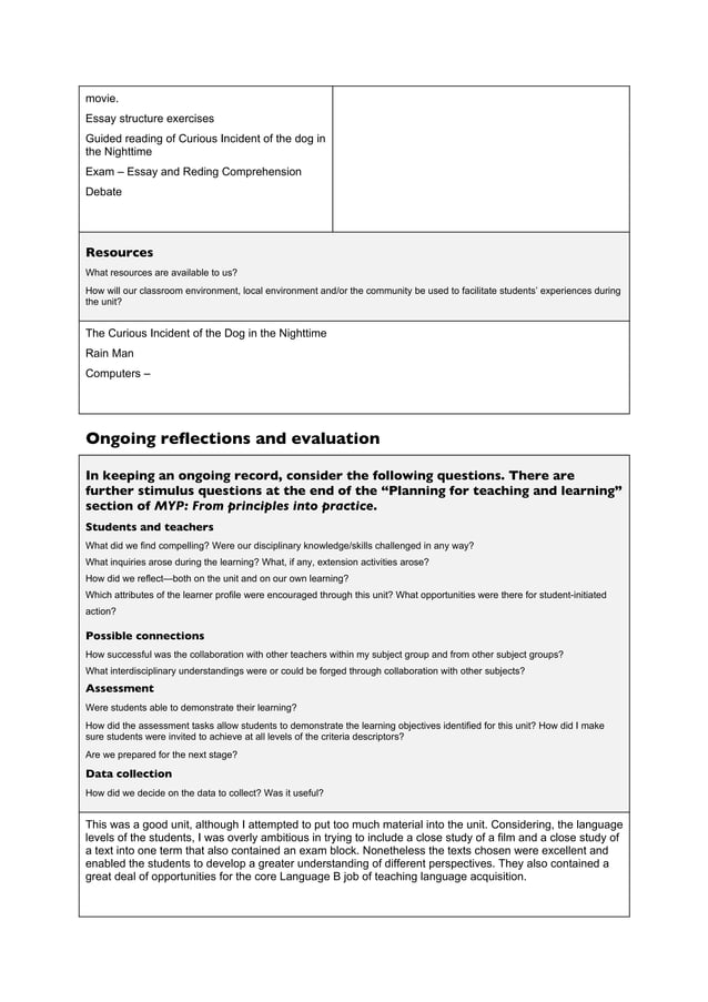 MYP Unit Planner Curious Incident | PDF