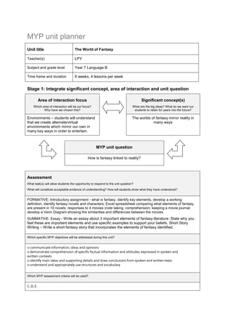 Myp unit the worlds of fantasy (3) (2) | DOCX