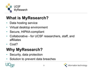 UCSF Informatics Day 2014 - Jocel Dumlao, "REDCap / MyResearch" | PPTX