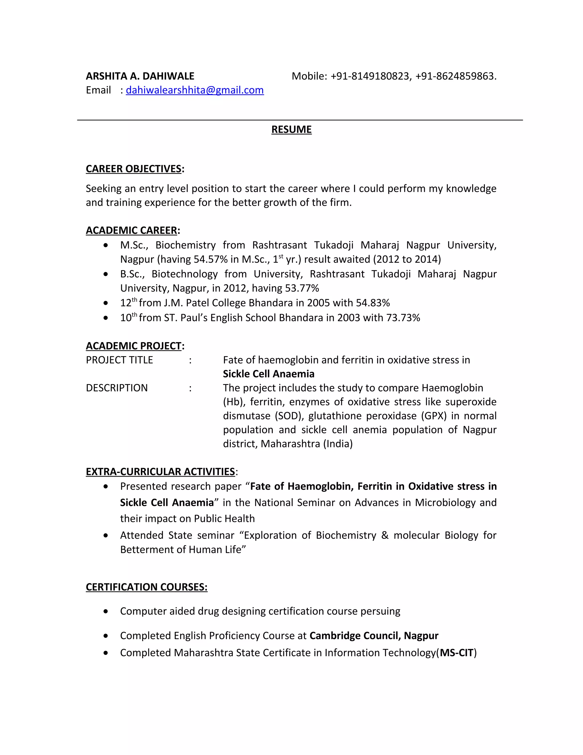 MSc fresher resume | DOC