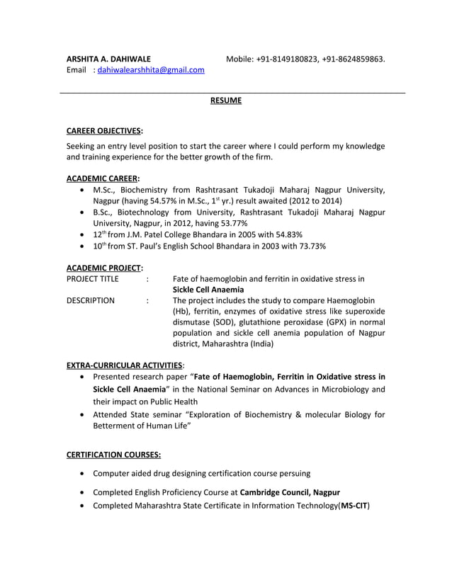 MSc fresher resume | DOC