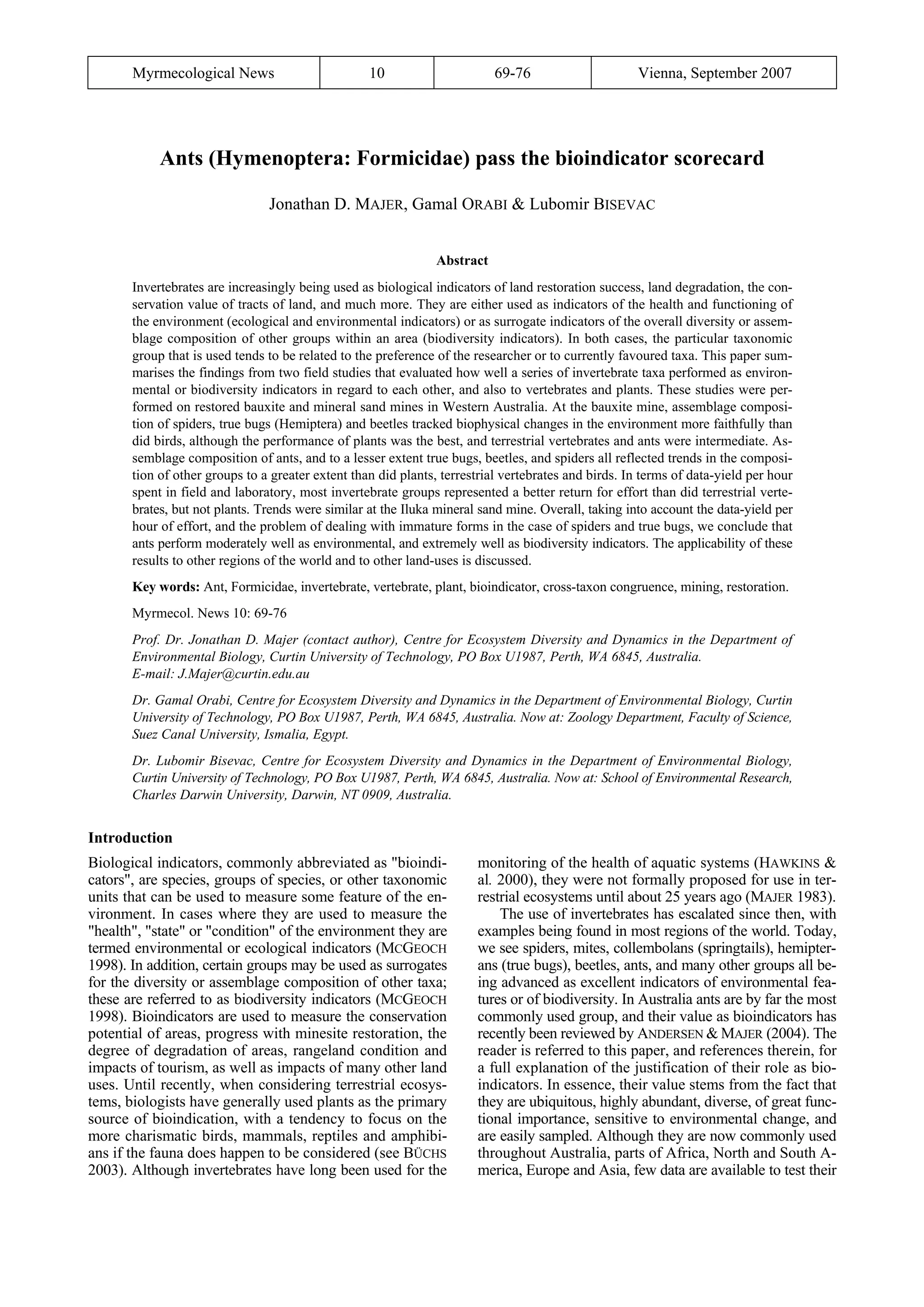 Jonathan D.majer, Ants pass the bioindicator score board | PDF ...