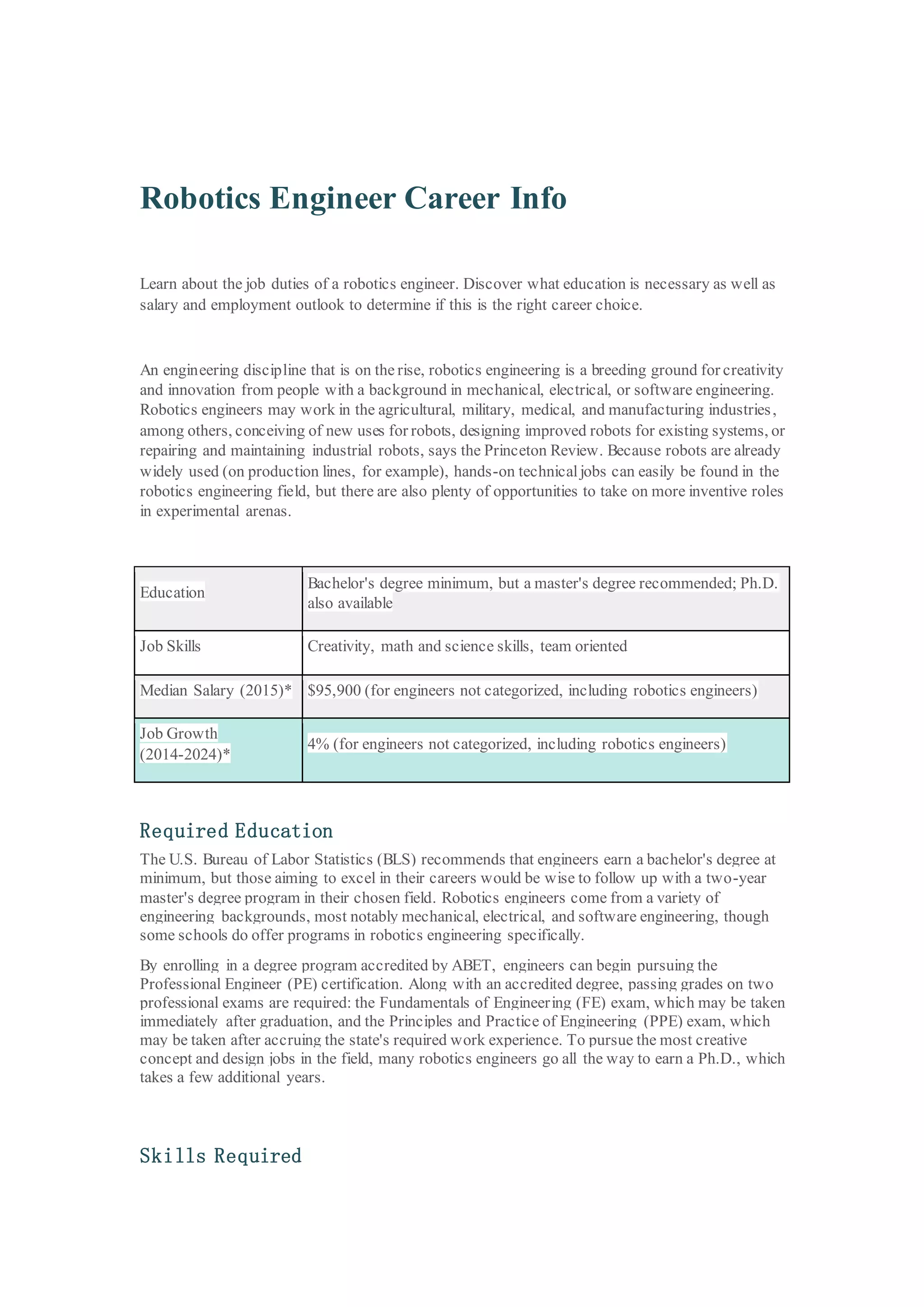 Robotics Engineer Career Info | PDF
