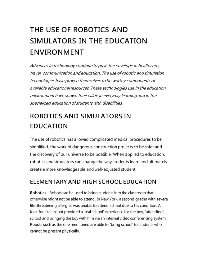 THE USE OF ROBOTICS AND SIMULATORS IN THE EDUCATION ENVIRONMENT | PDF