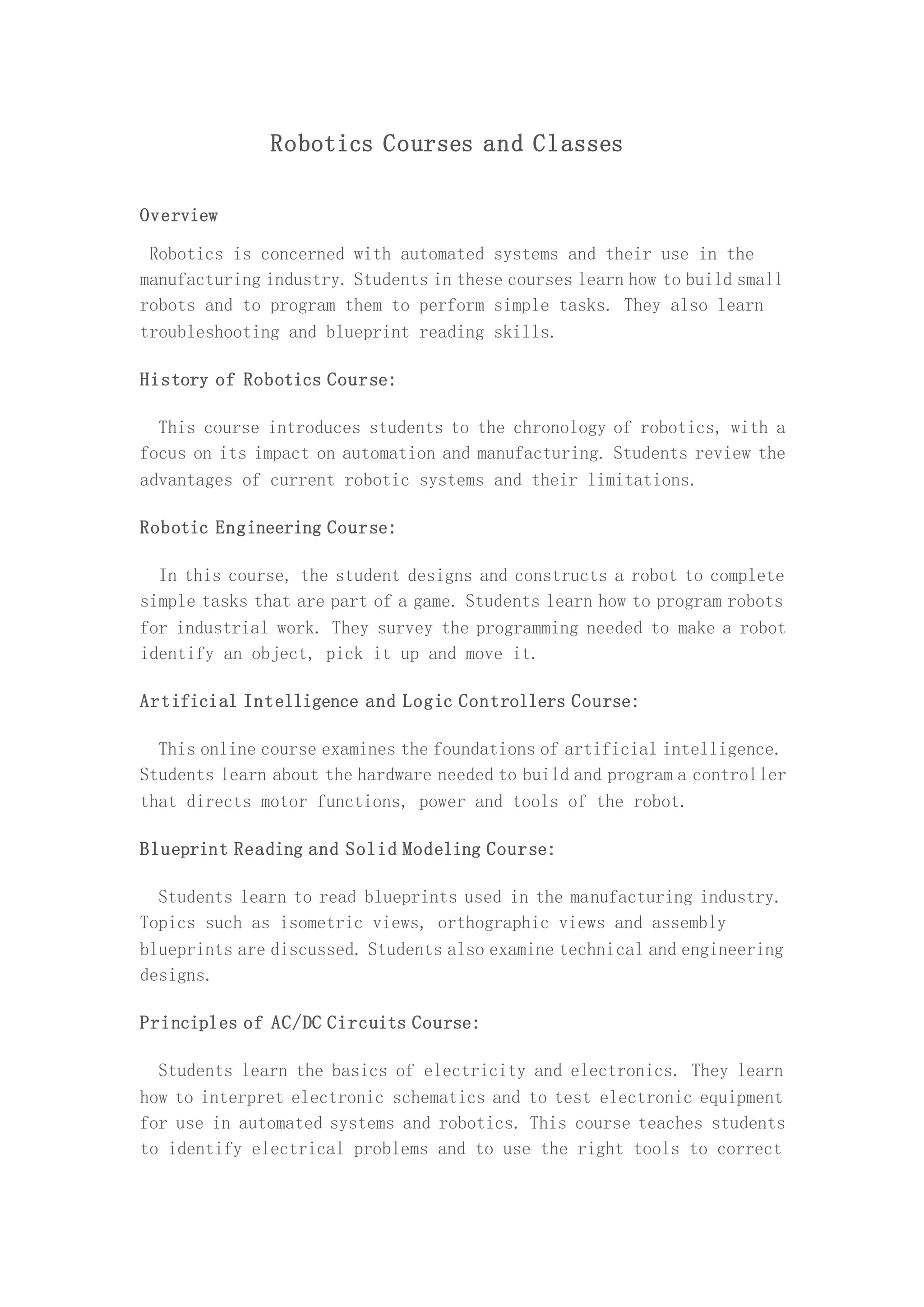 Robotics Courses and Classes | DOCX