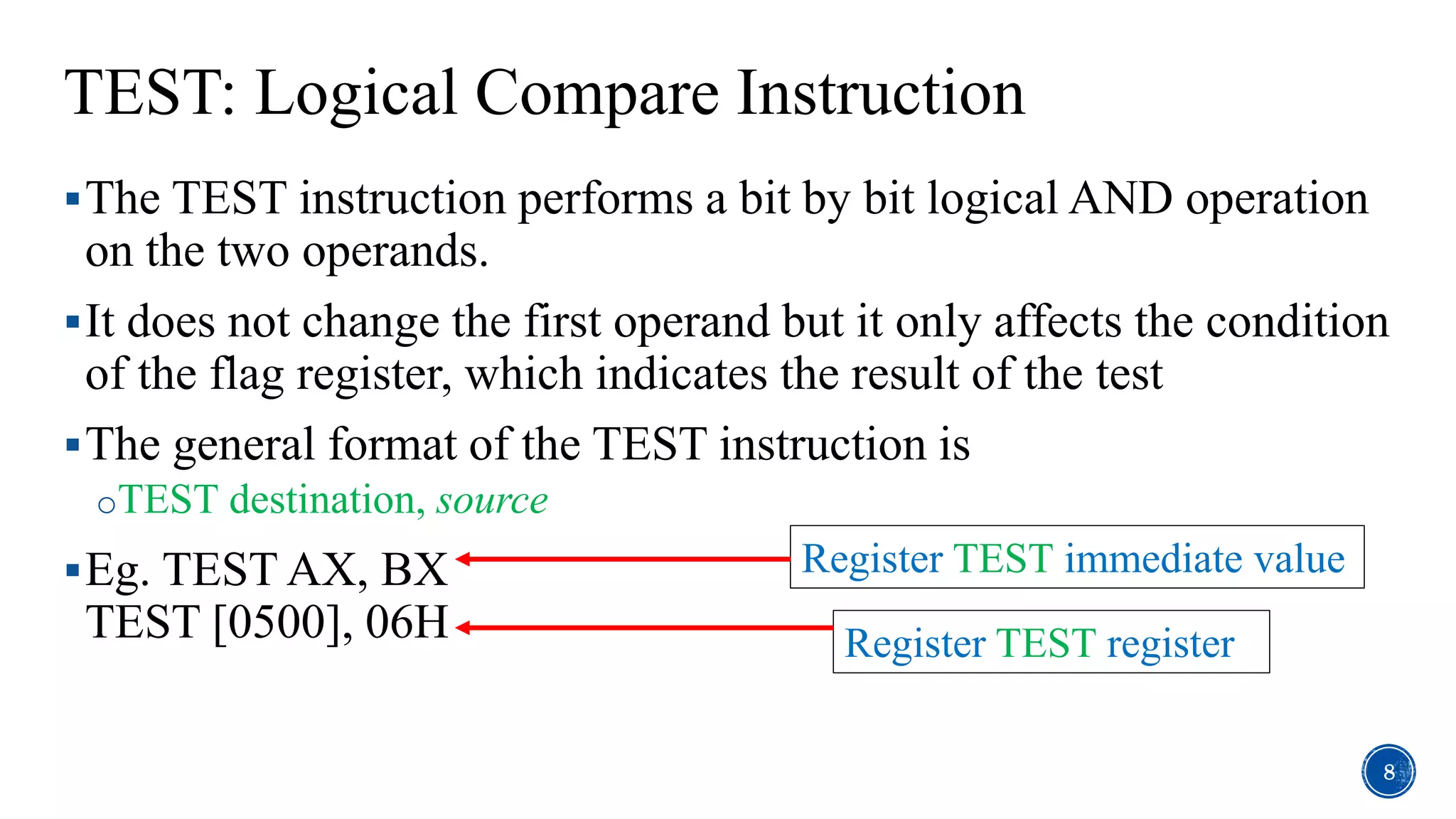 Logical Instructions used in 8086 microprocessor | PPTX | Programming Languages | Computing