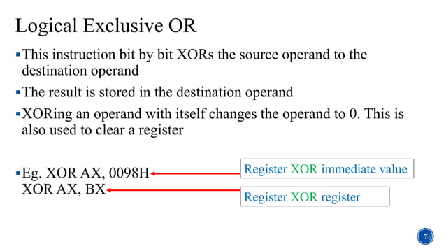 Logical Instructions used in 8086 microprocessor | PPTX | Programming Languages | Computing