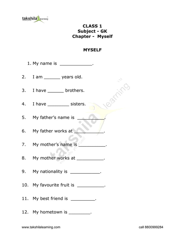 Myself – Class 1 English/GK Worksheet | Printable Grade 1 Worksheet | PDF