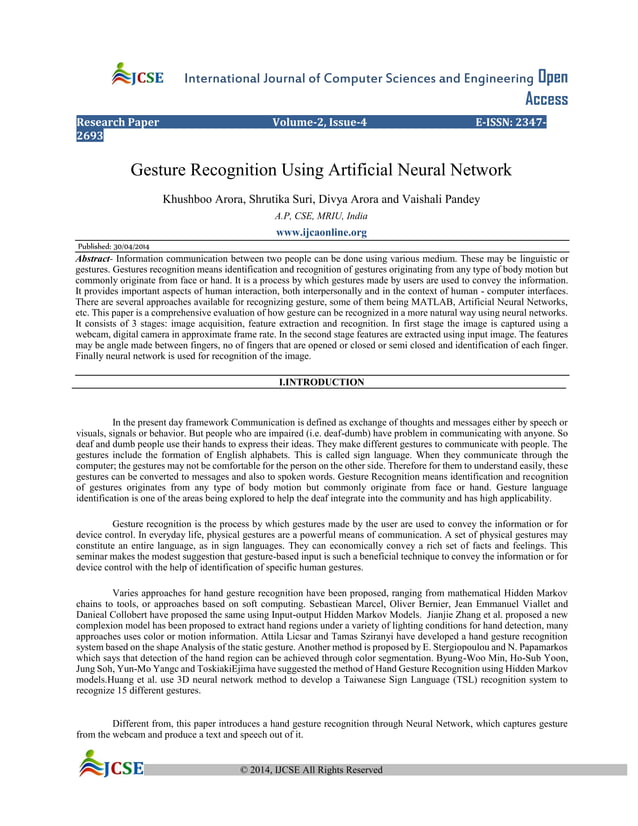 Gesture recognition using artificial neural network,a technology for identifying gestures ...