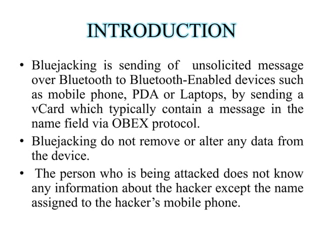 My seminar on bluejacking | PPTX | Smartphones | Consumer Electronics