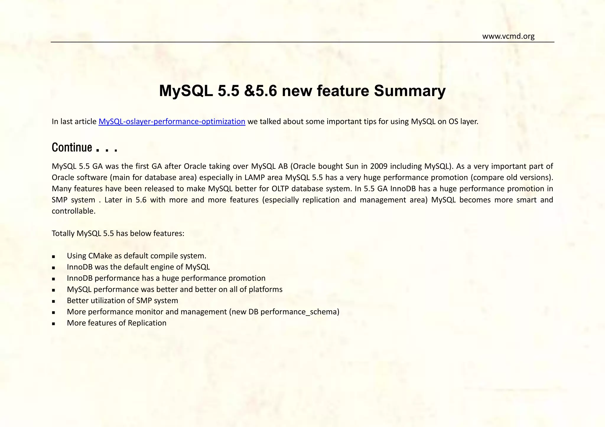 MySQL 5.5&5.6 new features summary | PPT
