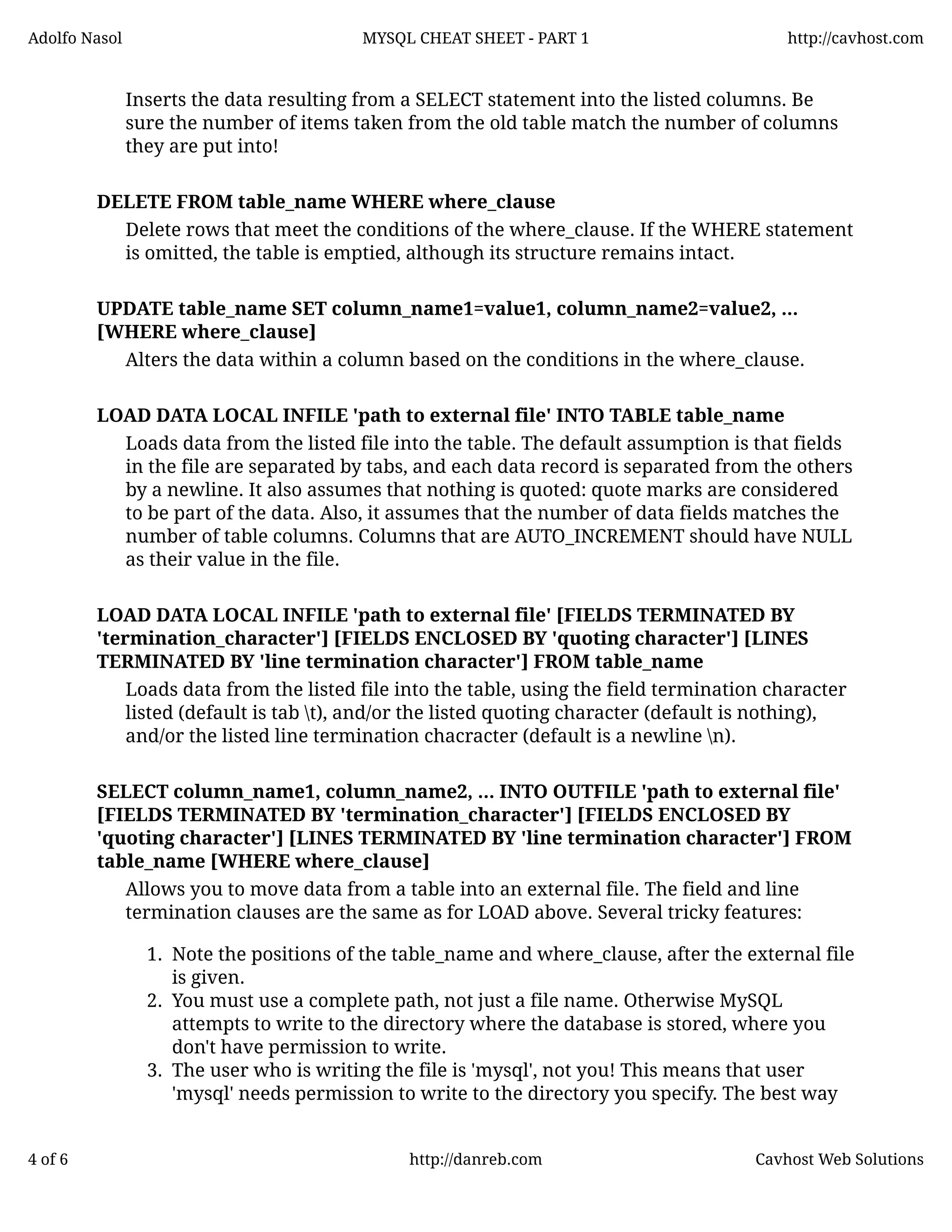 Mysql cheatsheet | PDF