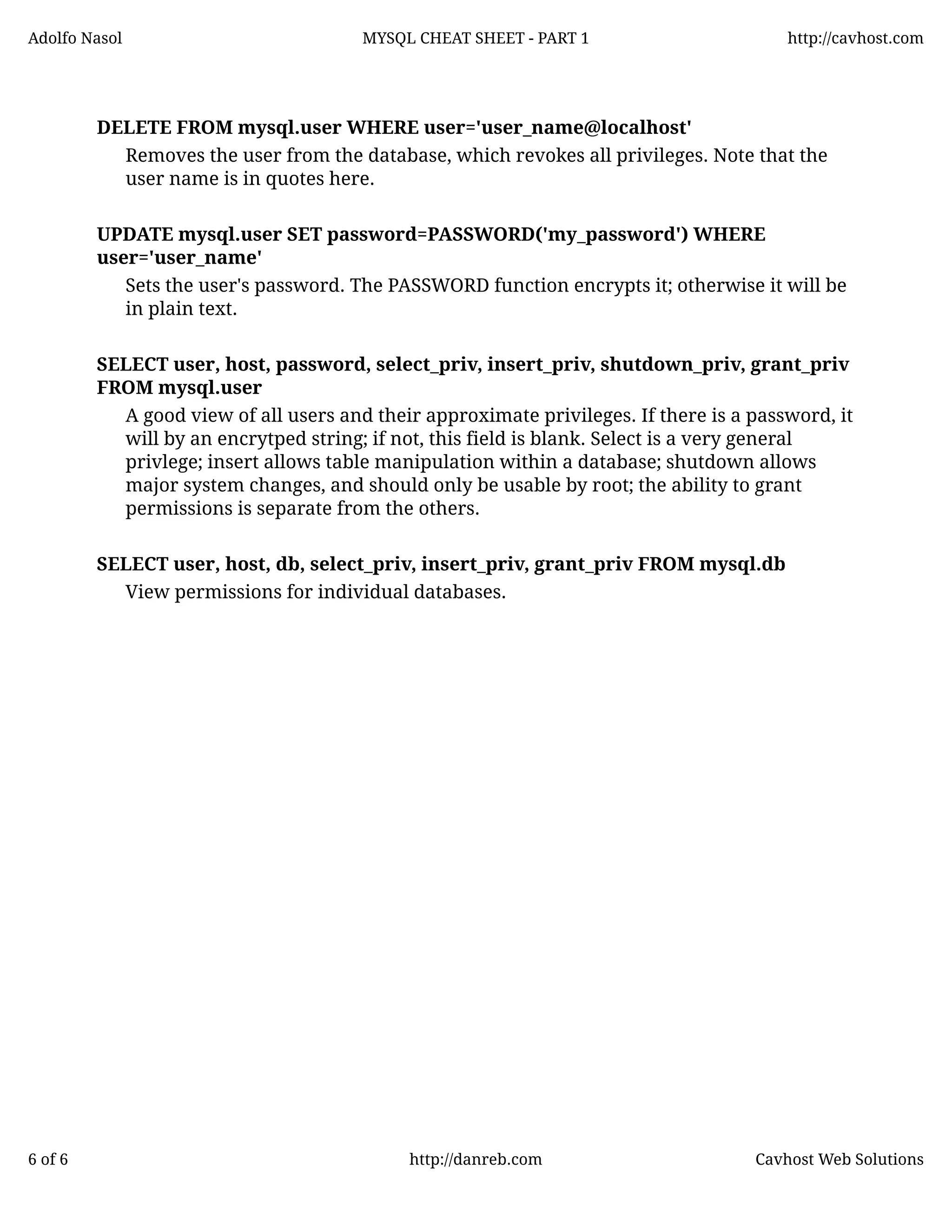 Mysql cheatsheet | PDF