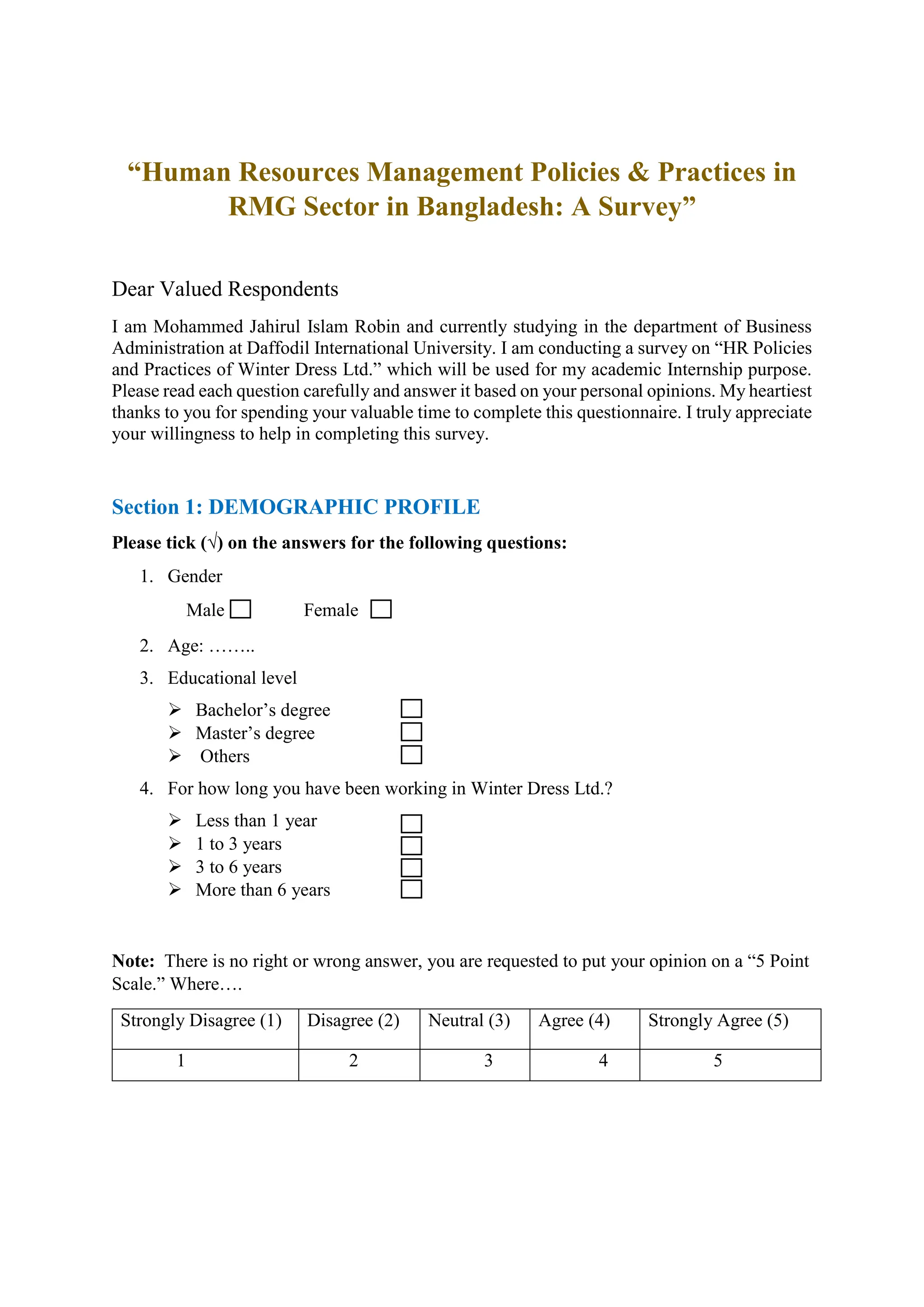 Survey Questionnaire on HRM (Sample) | PDF