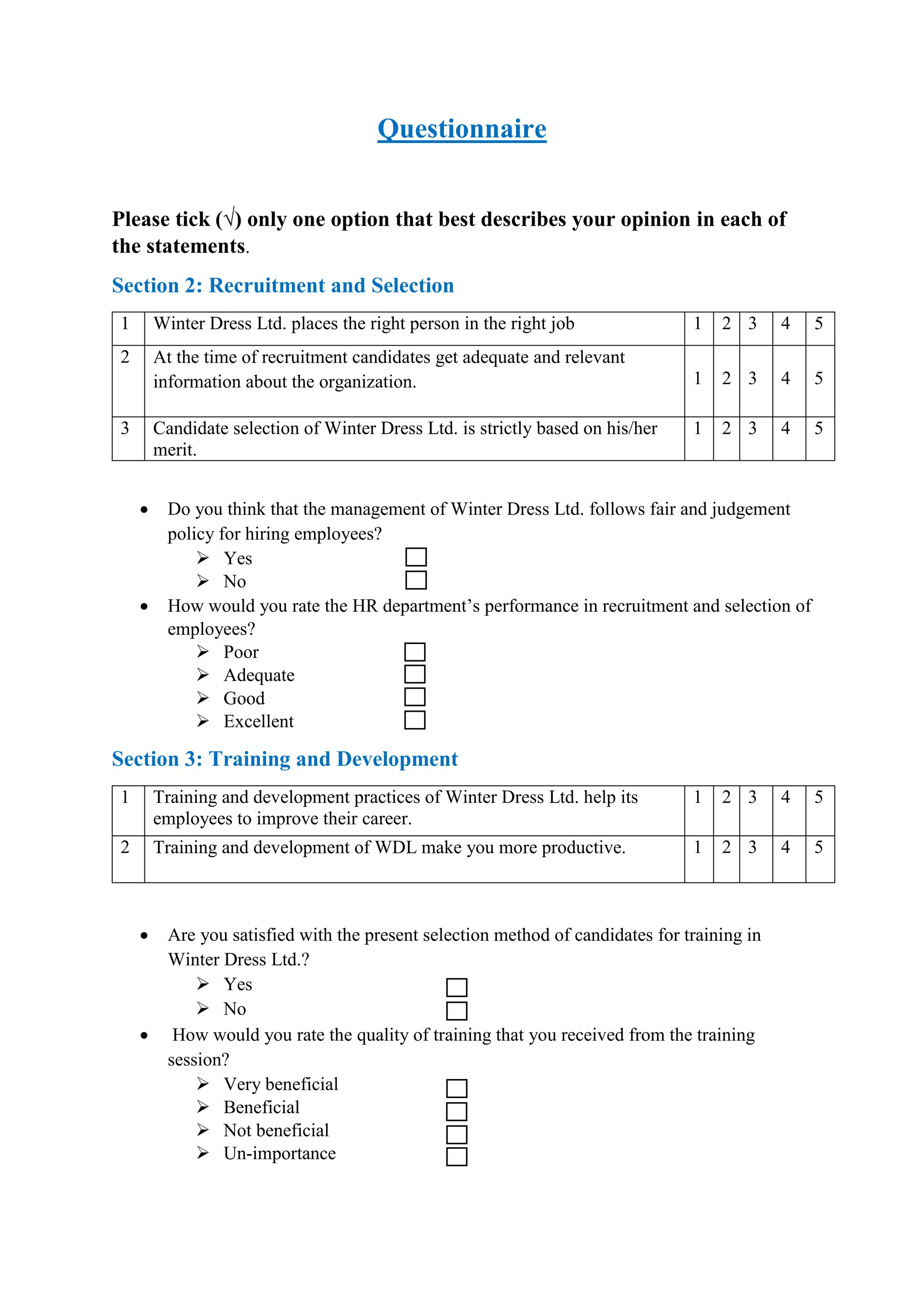 Survey Questionnaire on HRM (Sample) | PDF