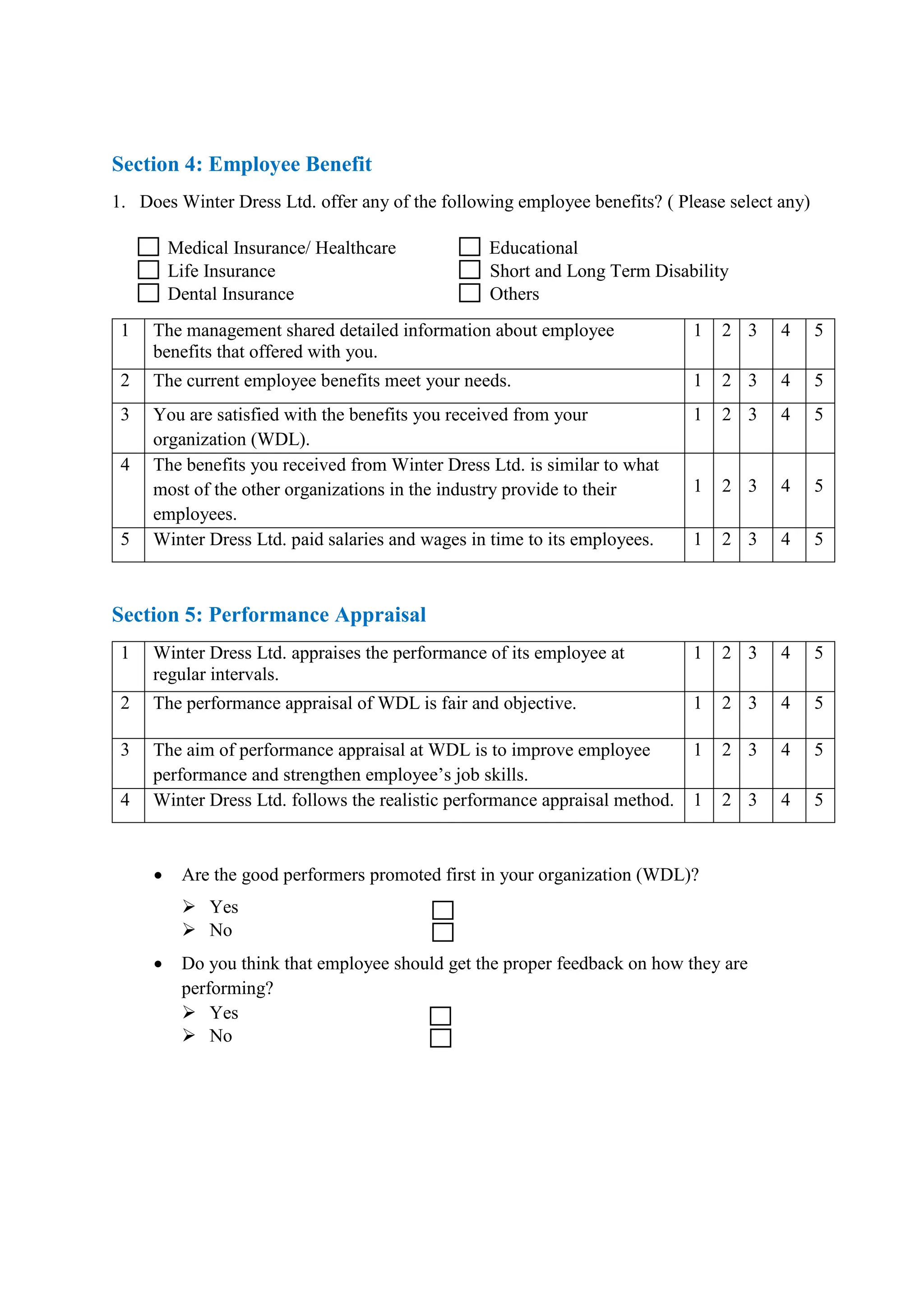 Survey Questionnaire on HRM (Sample) | PDF
