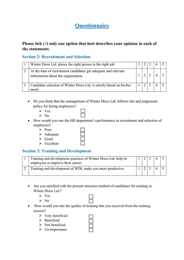 Survey Questionnaire on HRM (Sample) | PDF