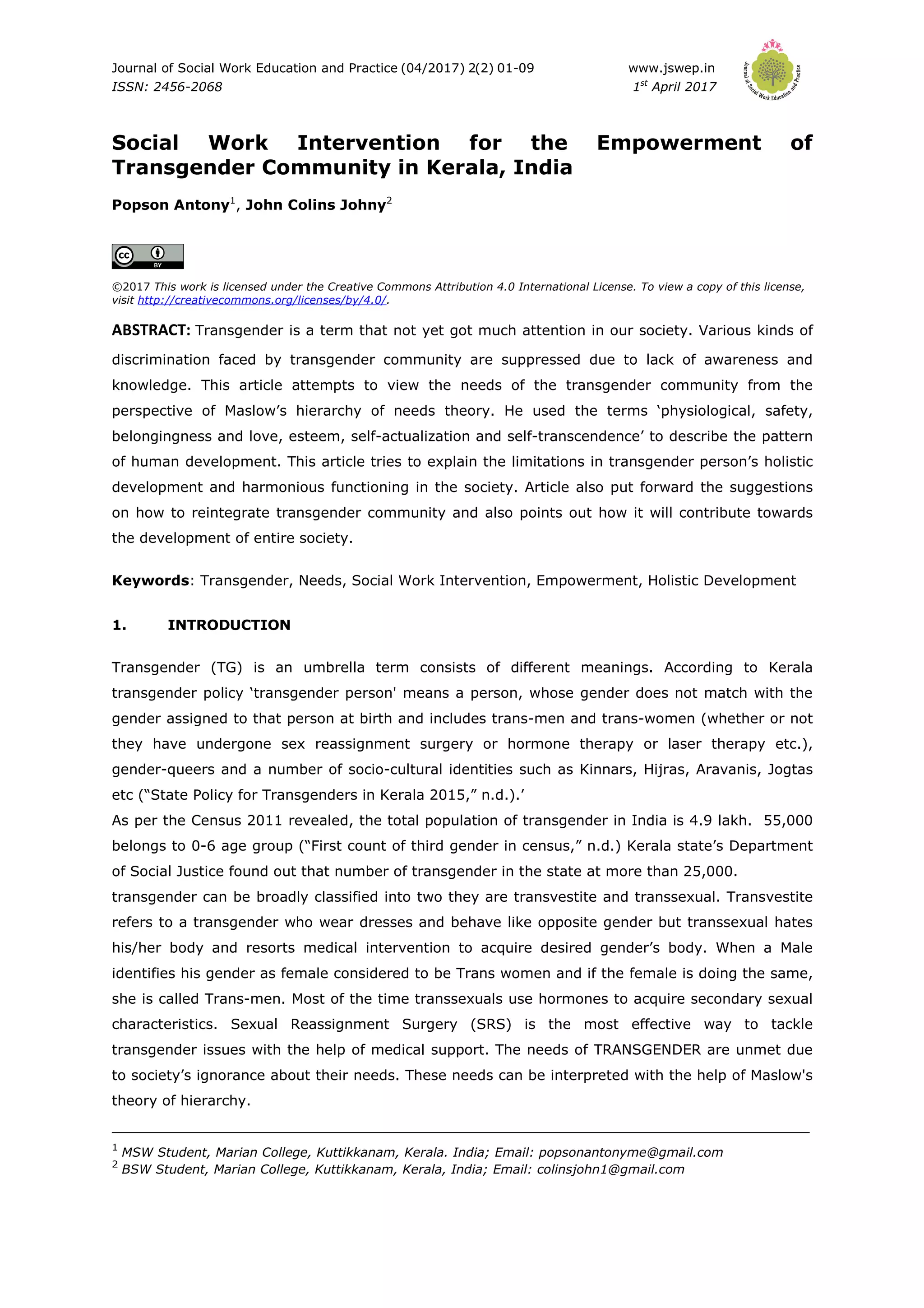 Social work intervention for the empowerment of Transgender community ...