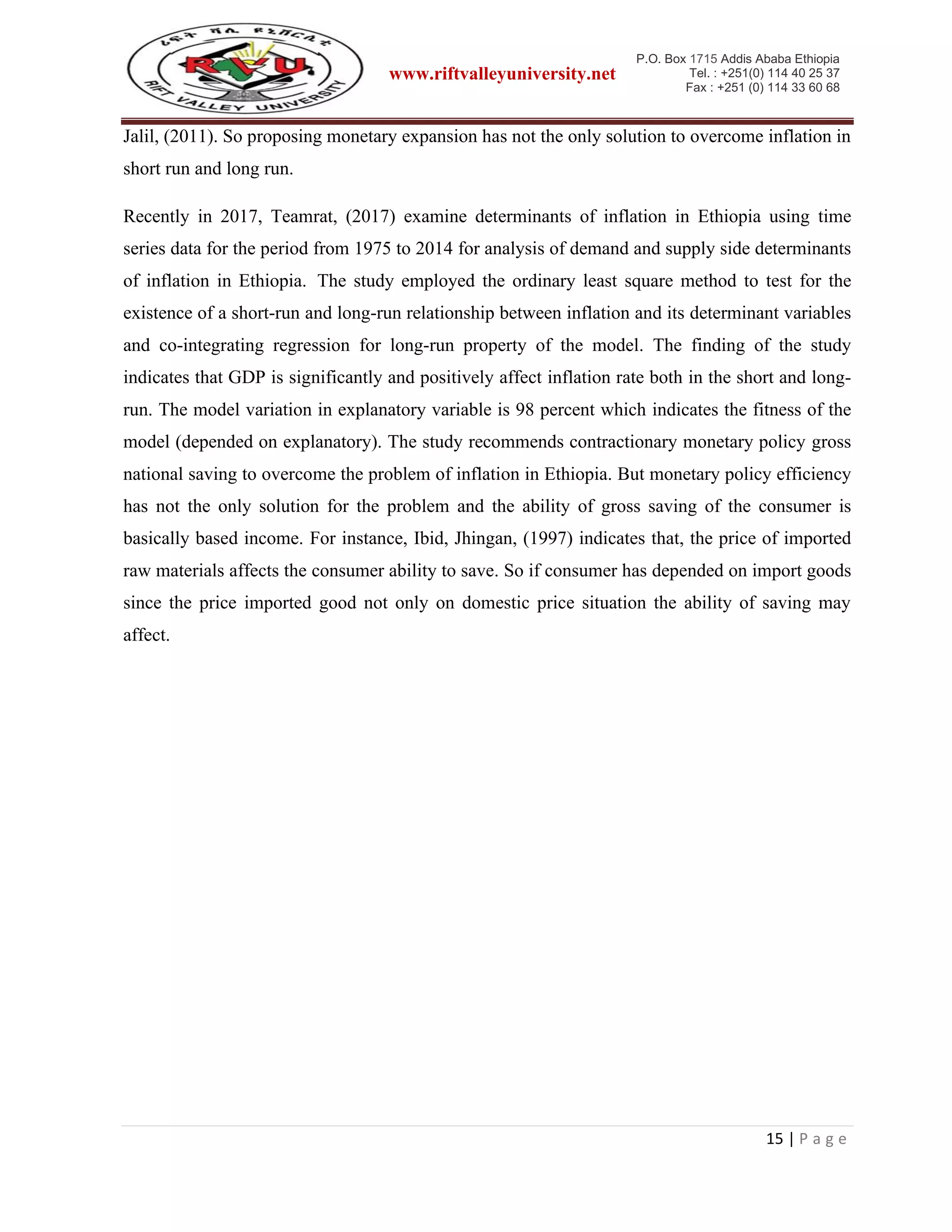 Analysis of the determinants of inflation in Ethiopia- Rift valley ...