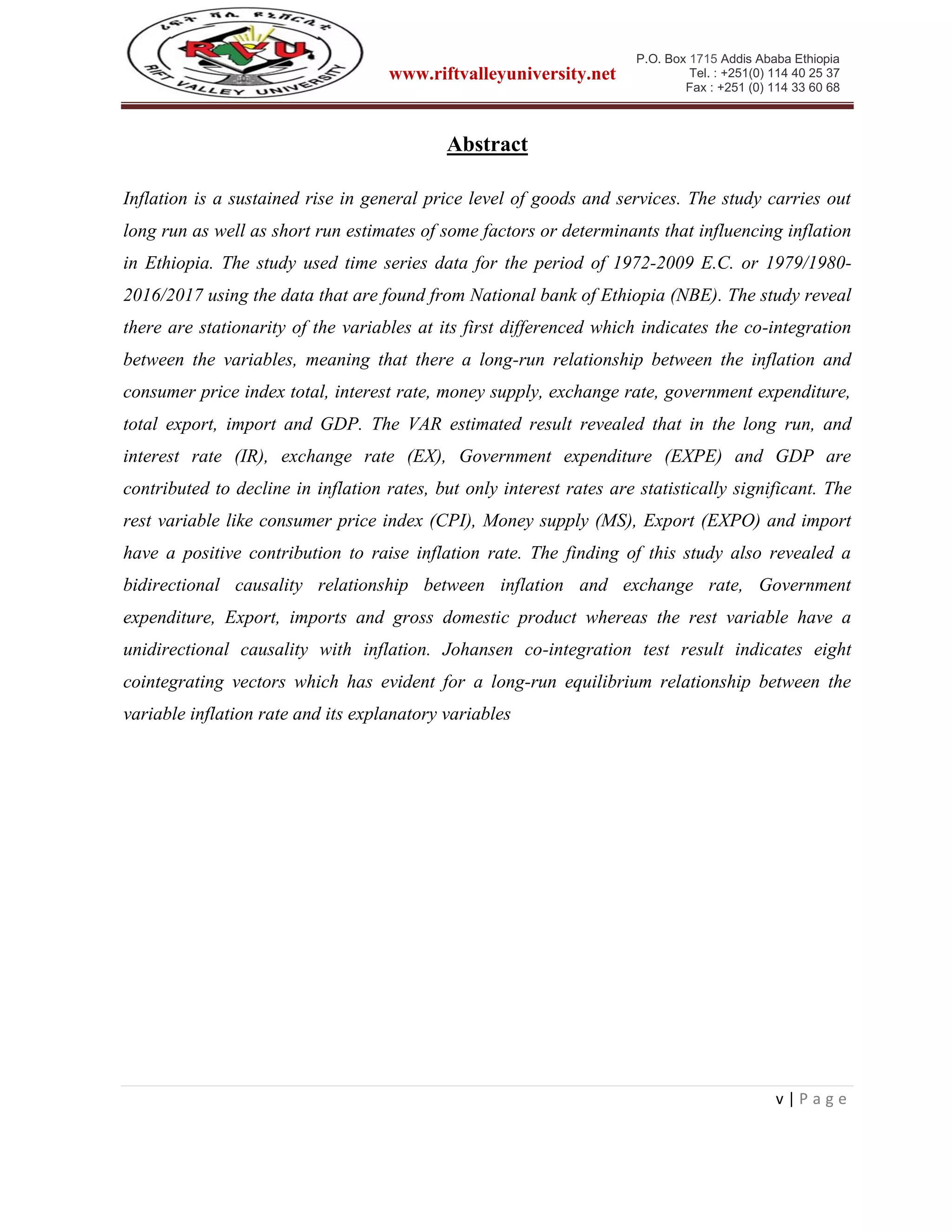 Analysis of the determinants of inflation in Ethiopia- Rift valley ...