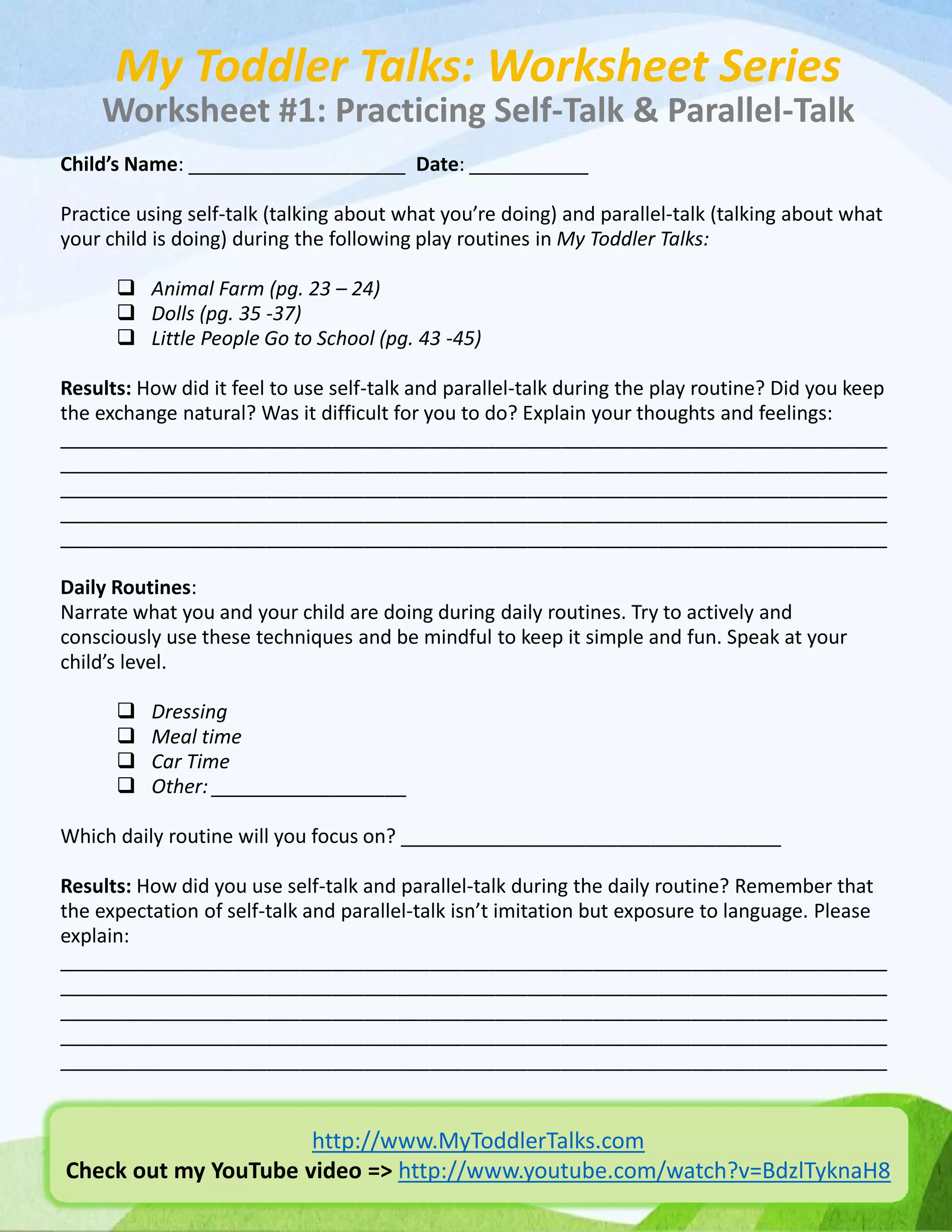 My Toddler Talks: Worksheet Series Worksheet #1: Practicing Self-Talk ...