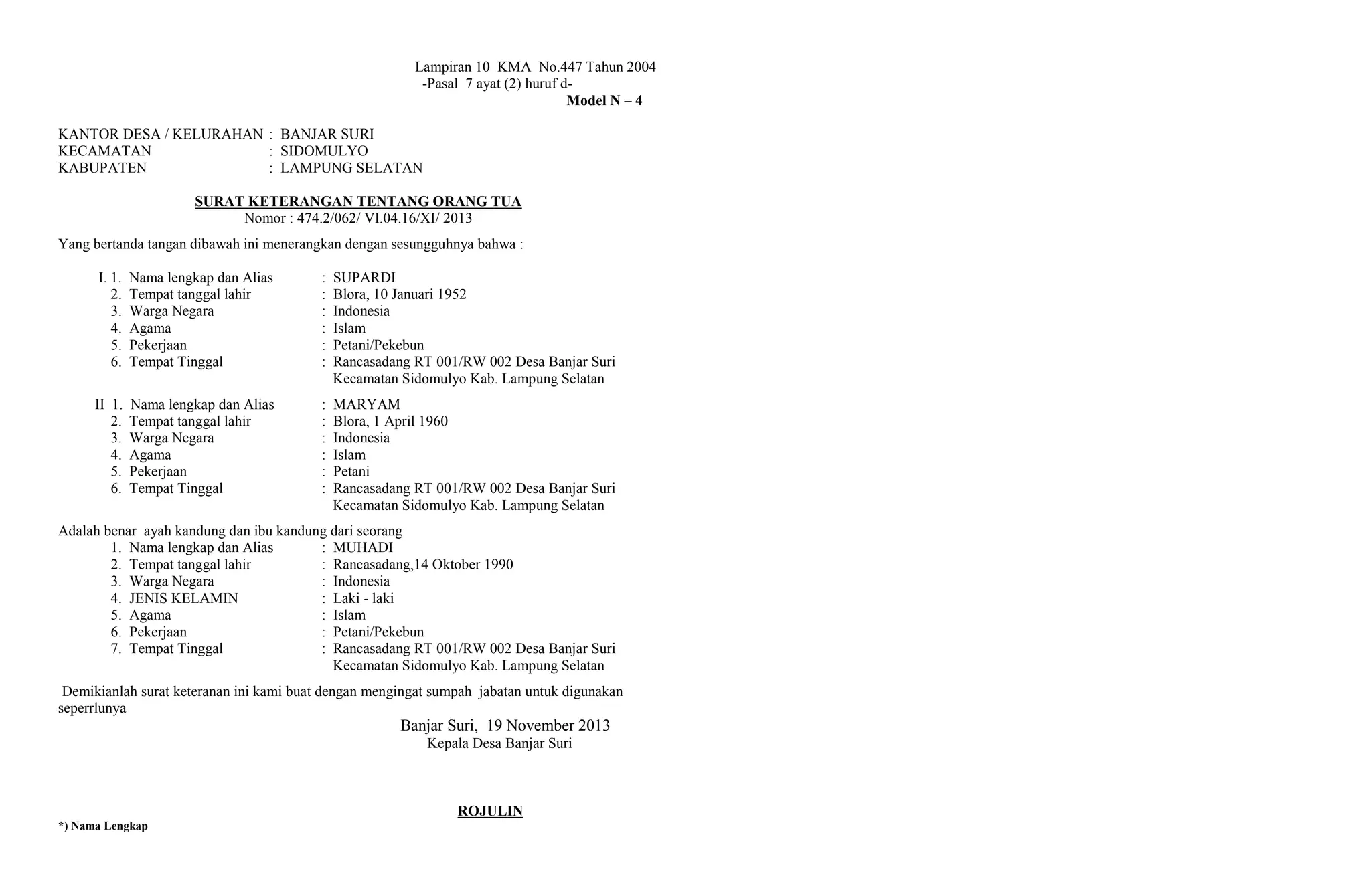 Contoh N -1 Desa Banjar Suri Kec. Sidomulyo | PDF
