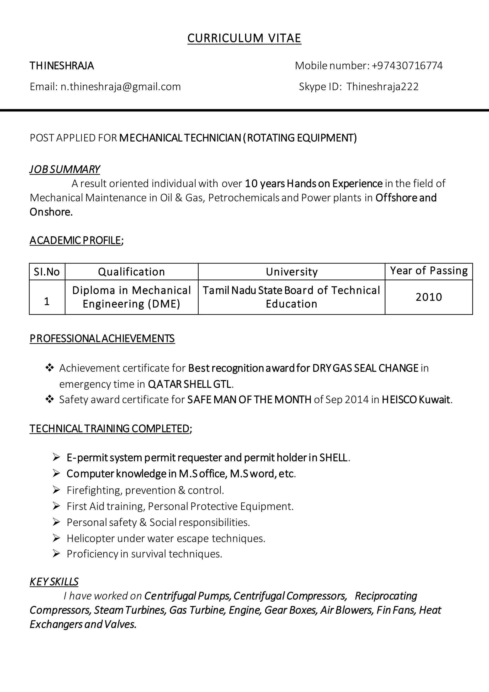 MECHANICAL TECHNICIAN (ROTATING EQUIPMENT) | DOC