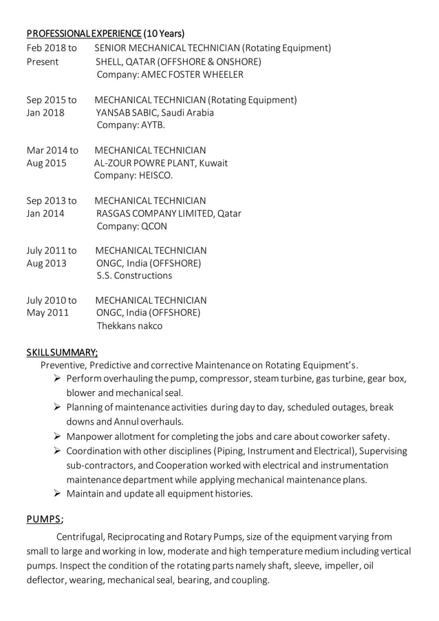 MECHANICAL TECHNICIAN (ROTATING EQUIPMENT) | DOC | Auto Repair | Automotive