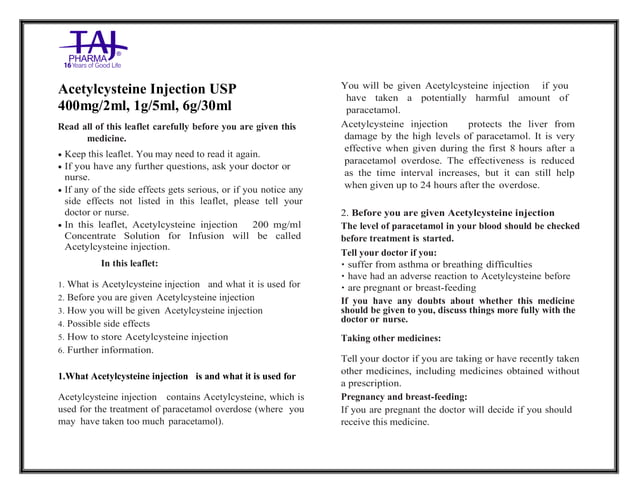 Acetylcysteine Injection USP Taj Pharma PIL | PPT