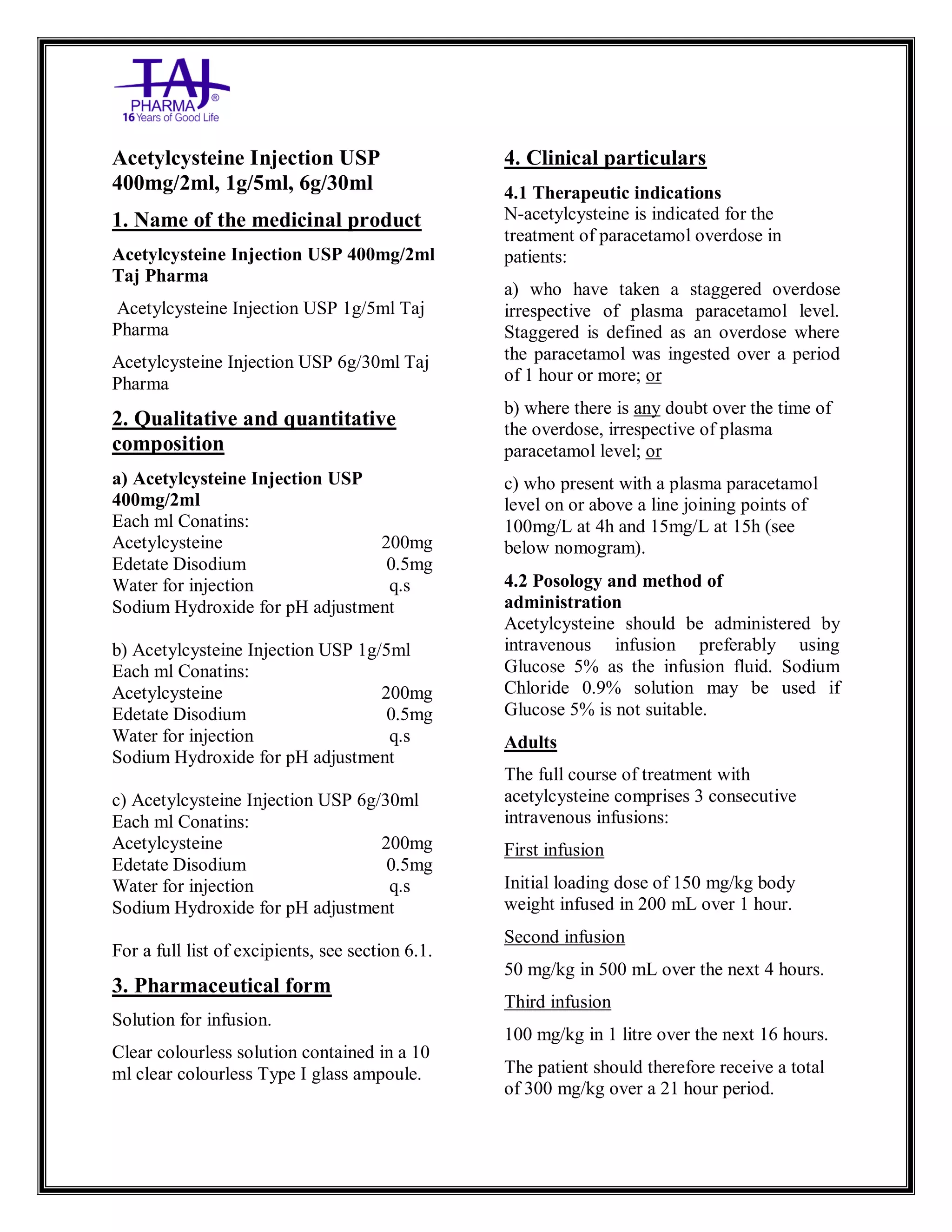 Acetylcysteine Injection USP Taj Pharma SmPC | PDF