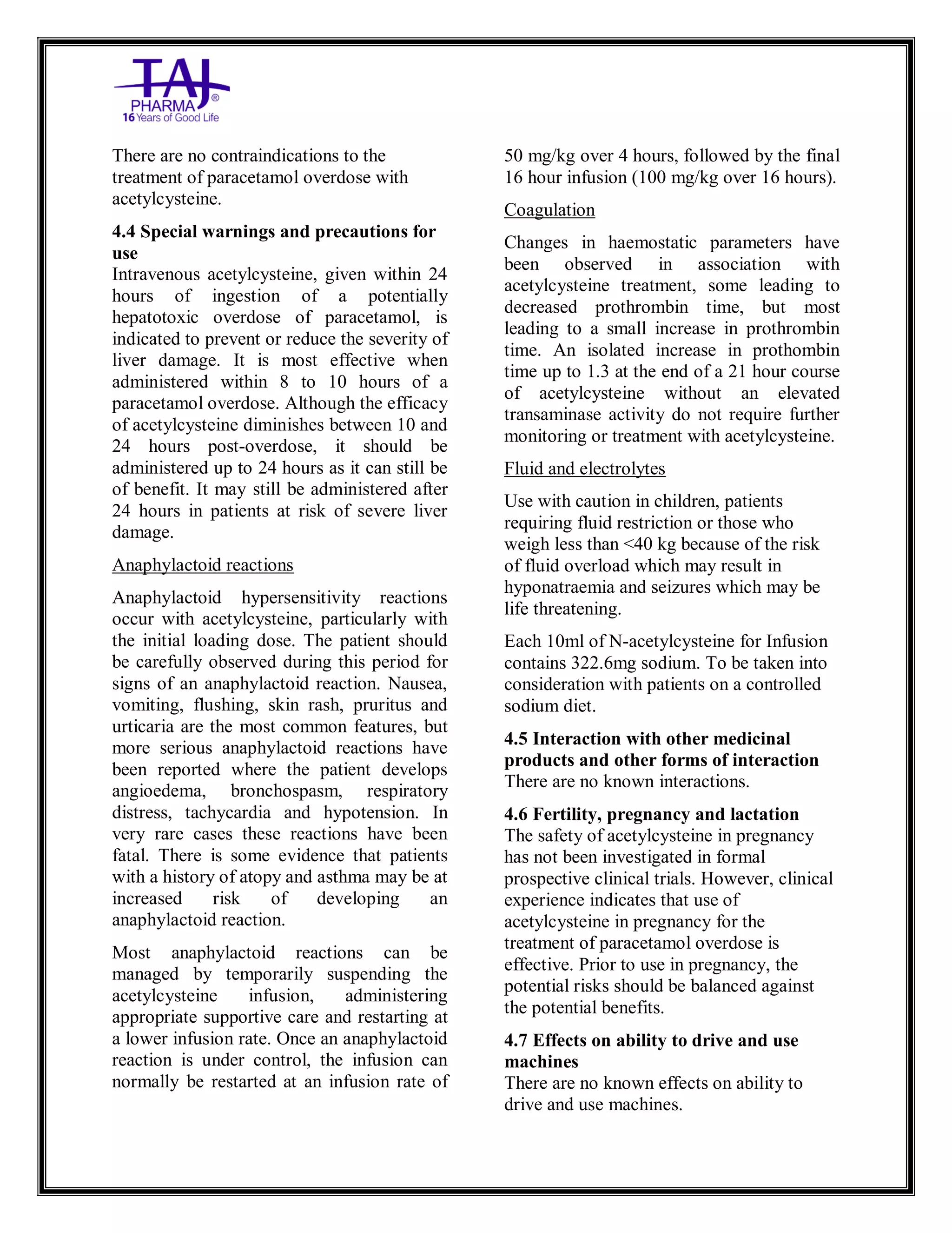 Acetylcysteine Injection USP Taj Pharma SmPC | PDF