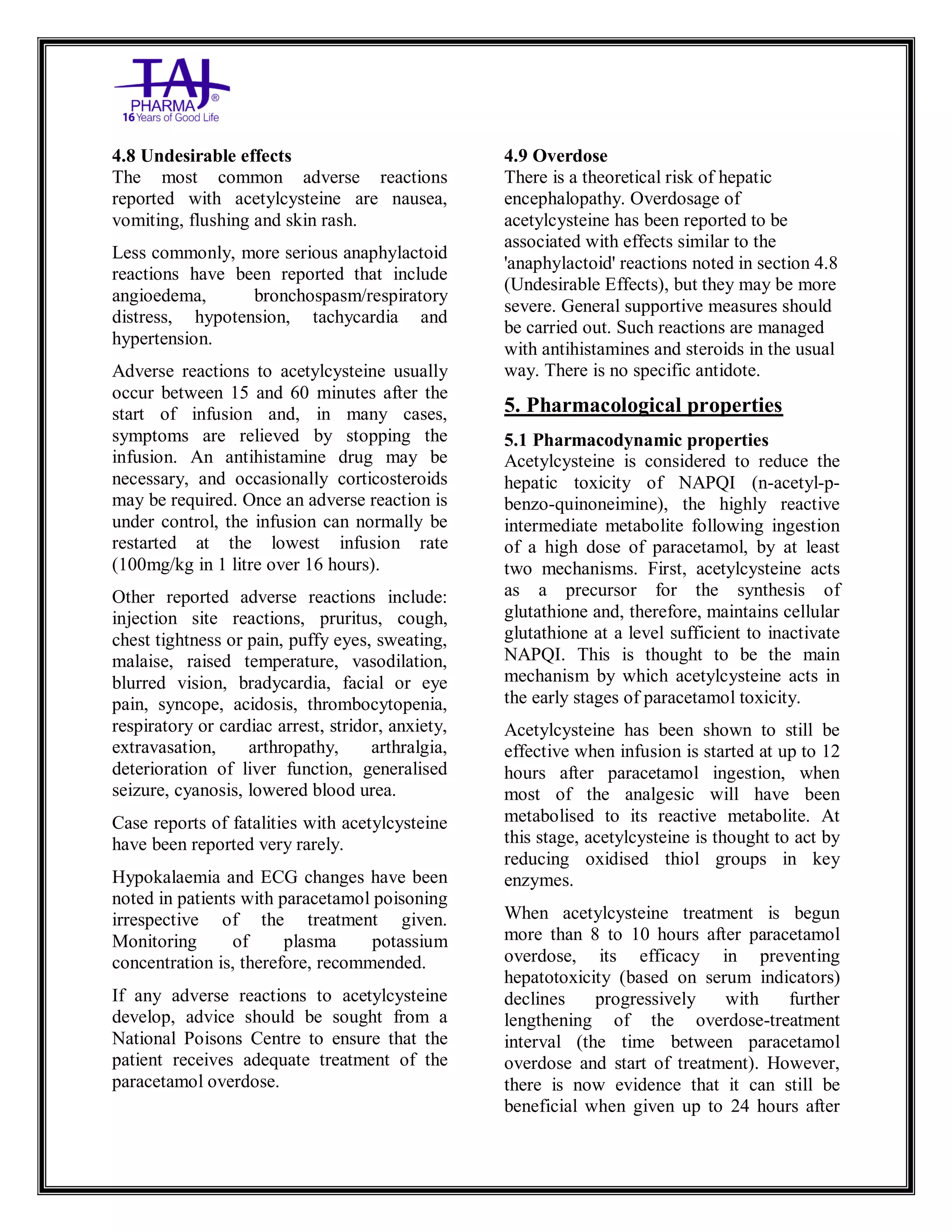 Acetylcysteine Injection USP Taj Pharma SmPC | PDF