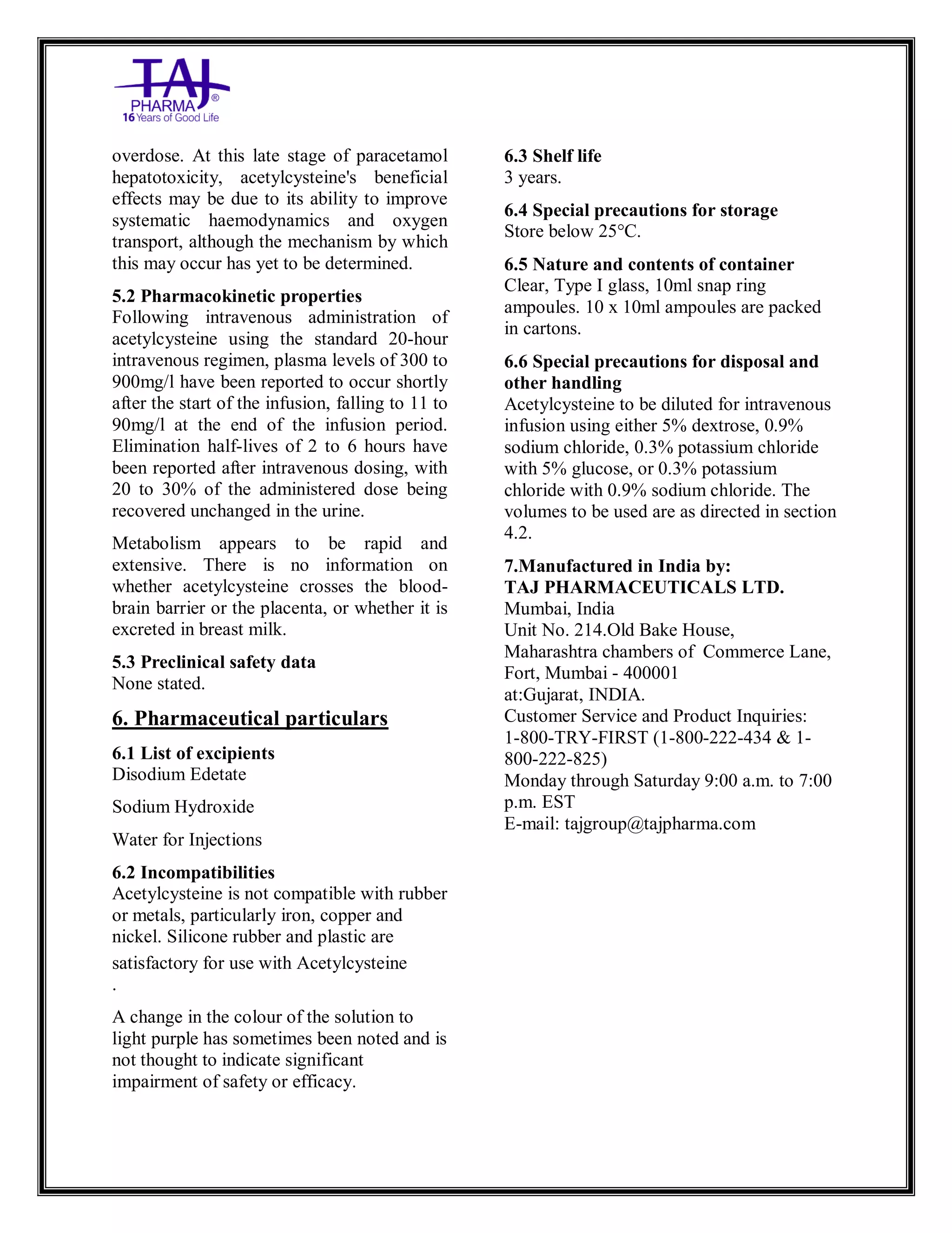 Acetylcysteine Injection USP Taj Pharma SmPC | PDF