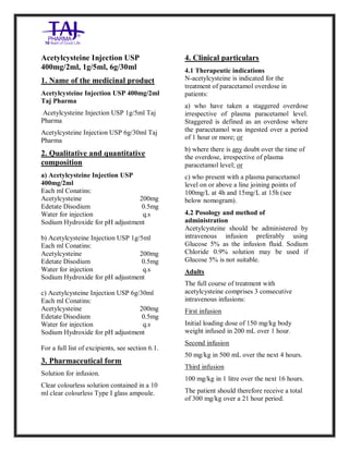 Acetylcysteine Injection USP Taj Pharma SmPC | PDF