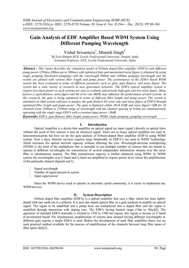 Gain Analysis of EDF Amplifier Based WDM System Using Different Pumping Wavelength | PDF