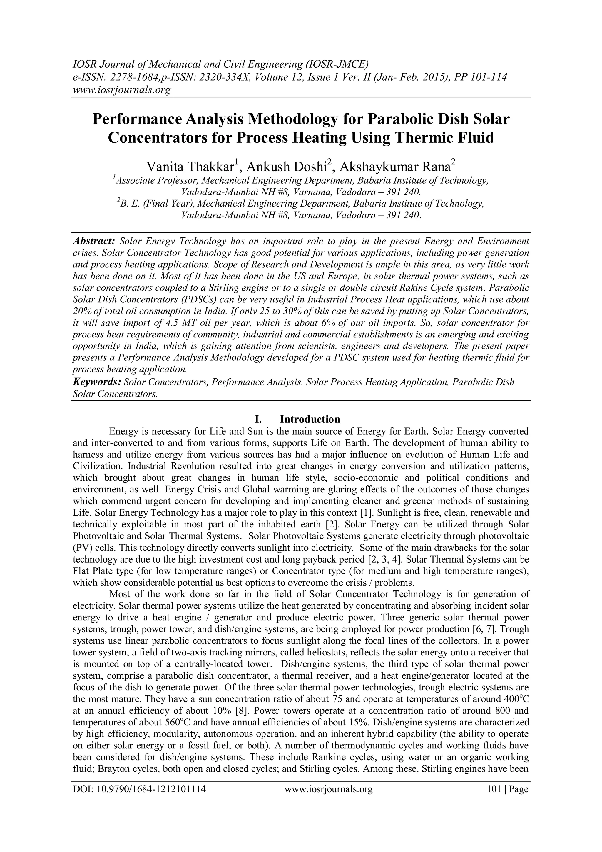 Performance Analysis Methodology for Parabolic Dish Solar Concentrators for Process Heating ...