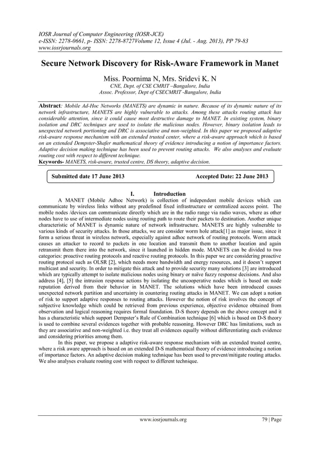 Secure Network Discovery for Risk-Aware Framework in Manet | PDF | Information and Network ...