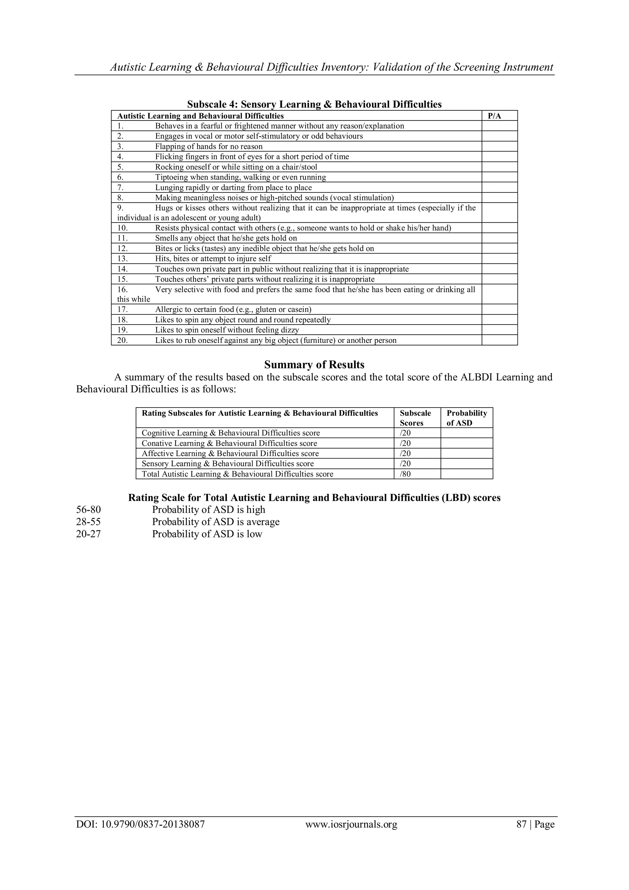 Autistic Learning & Behavioural Difficulties Inventory: Validation of the Screening Instrument | PDF