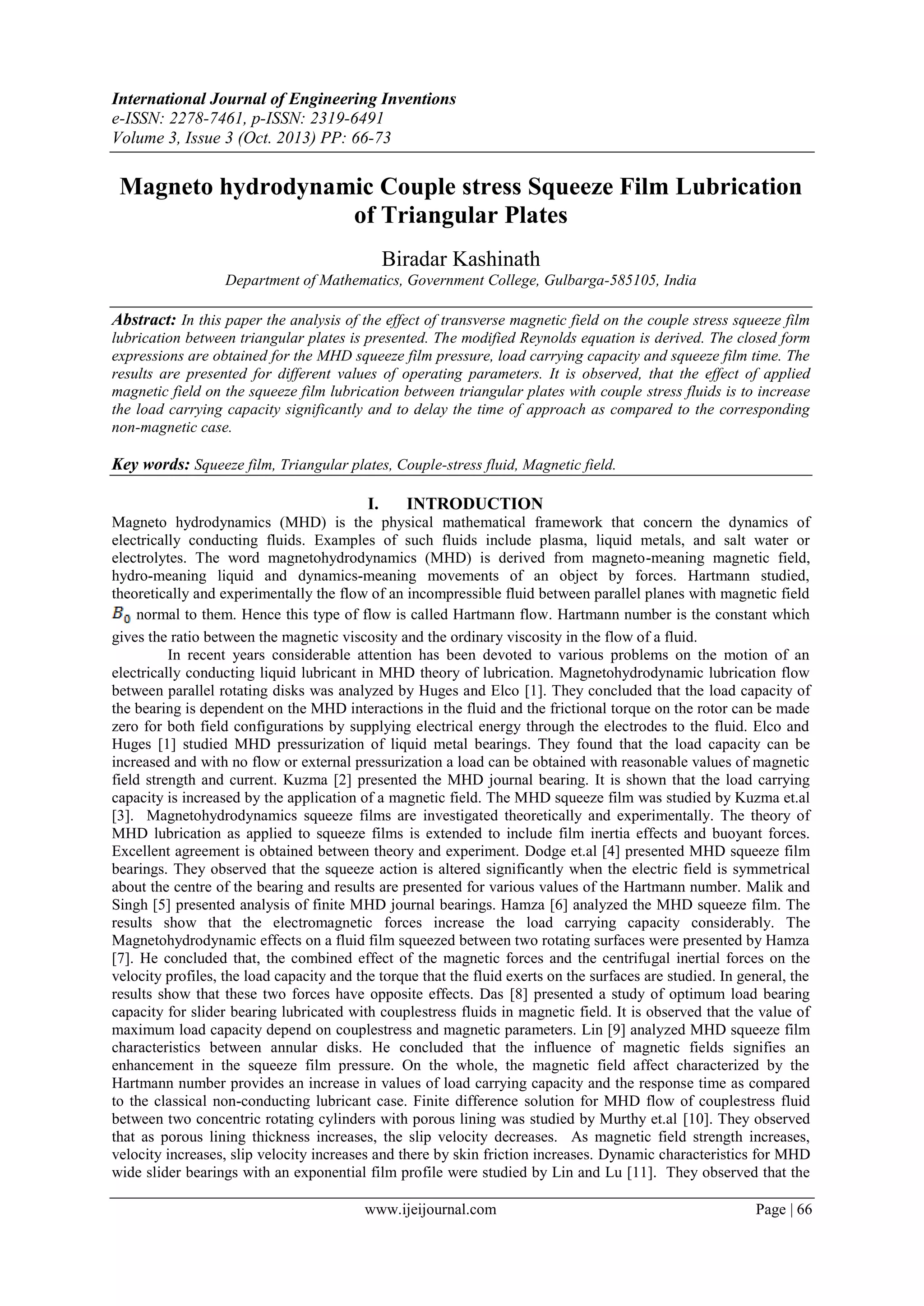 Magneto hydrodynamic Couple stress Squeeze Film Lubrication of ...