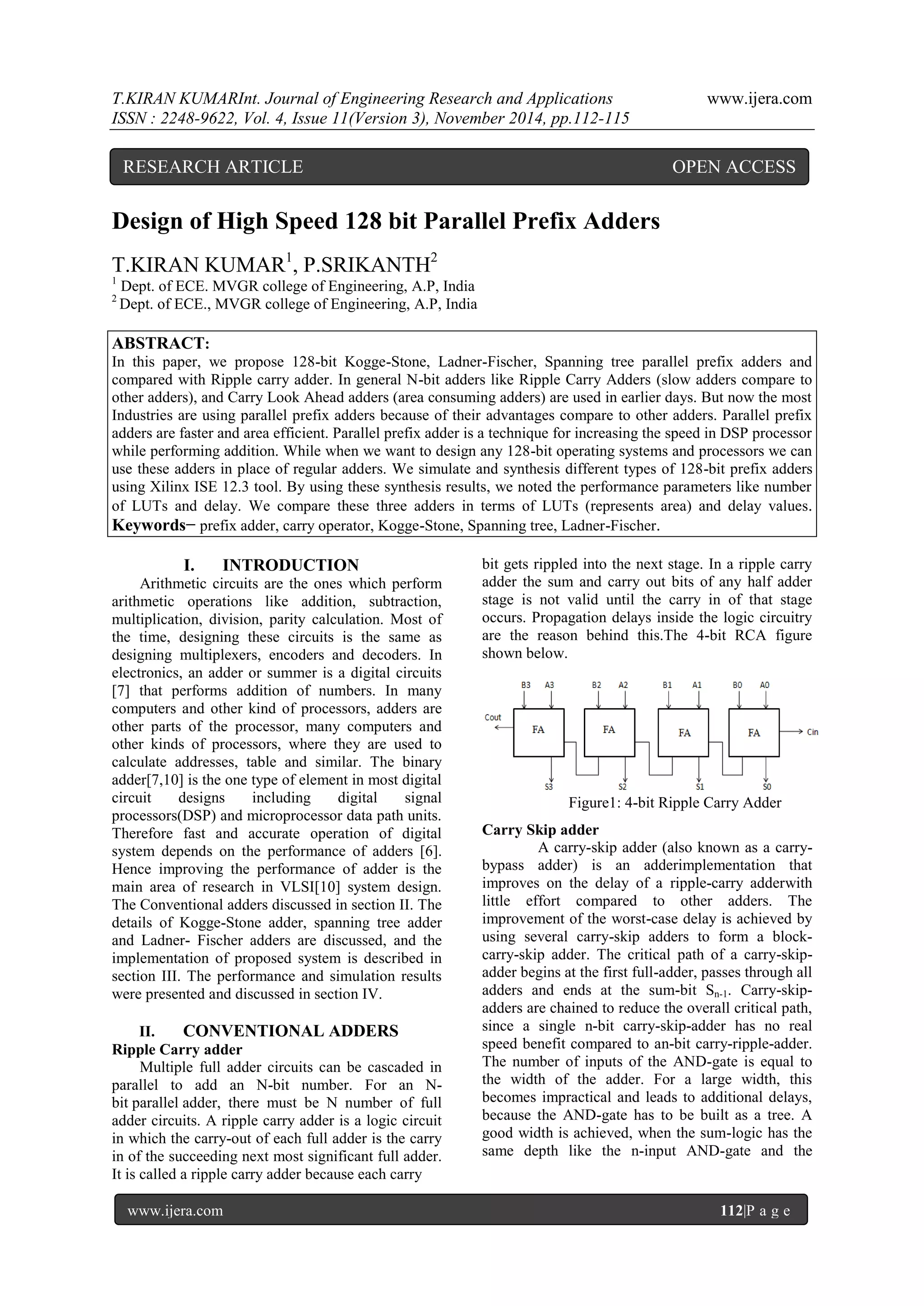Design of High Speed 128 bit Parallel Prefix Adders | PDF