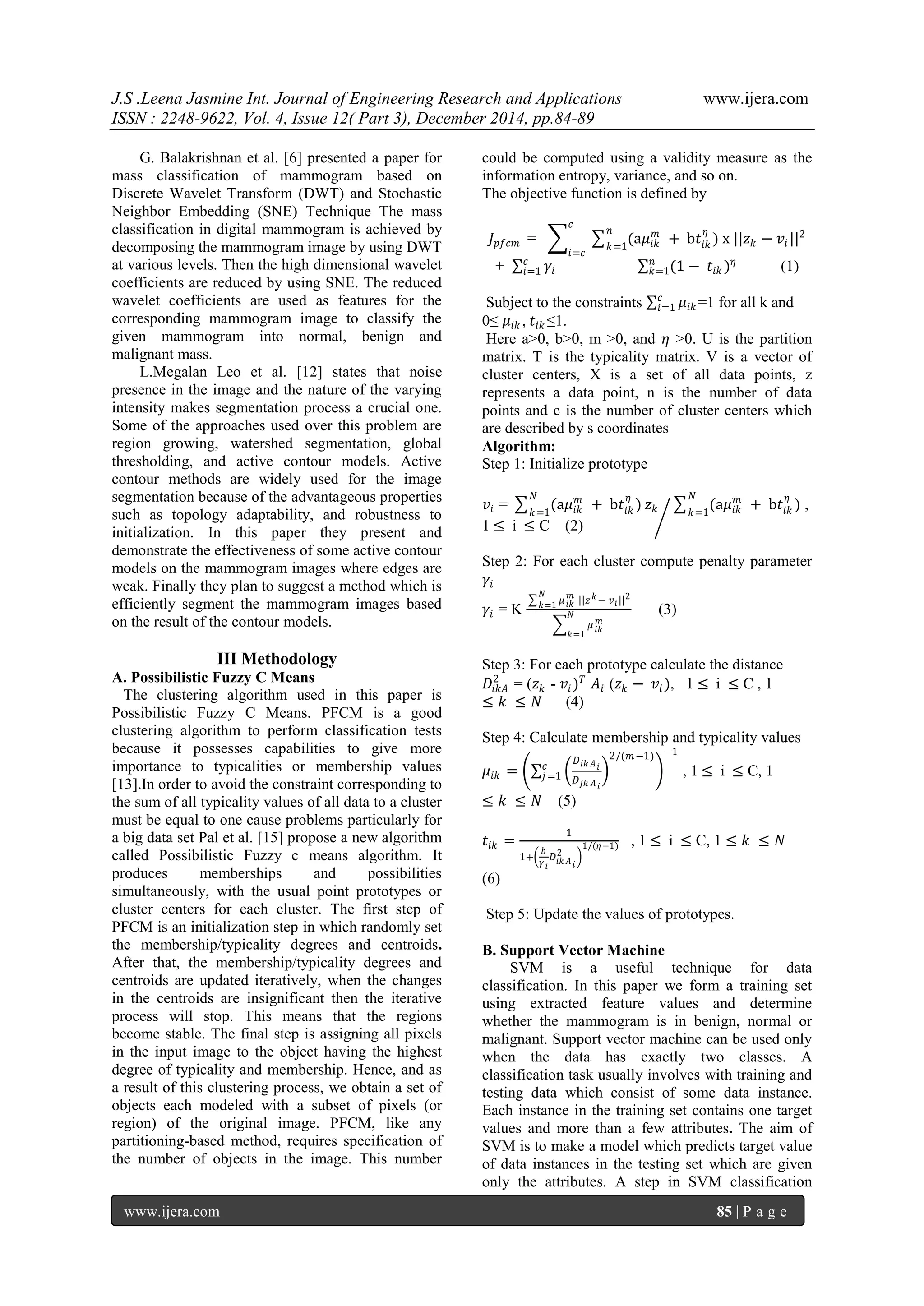 Possibilistic Fuzzy C Means Algorithm For Mass classificaion In Digital Mammogram | PDF