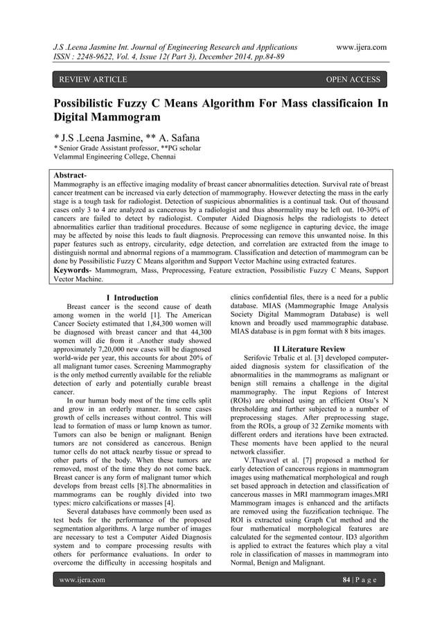 Possibilistic Fuzzy C Means Algorithm For Mass classificaion In Digital Mammogram | PDF