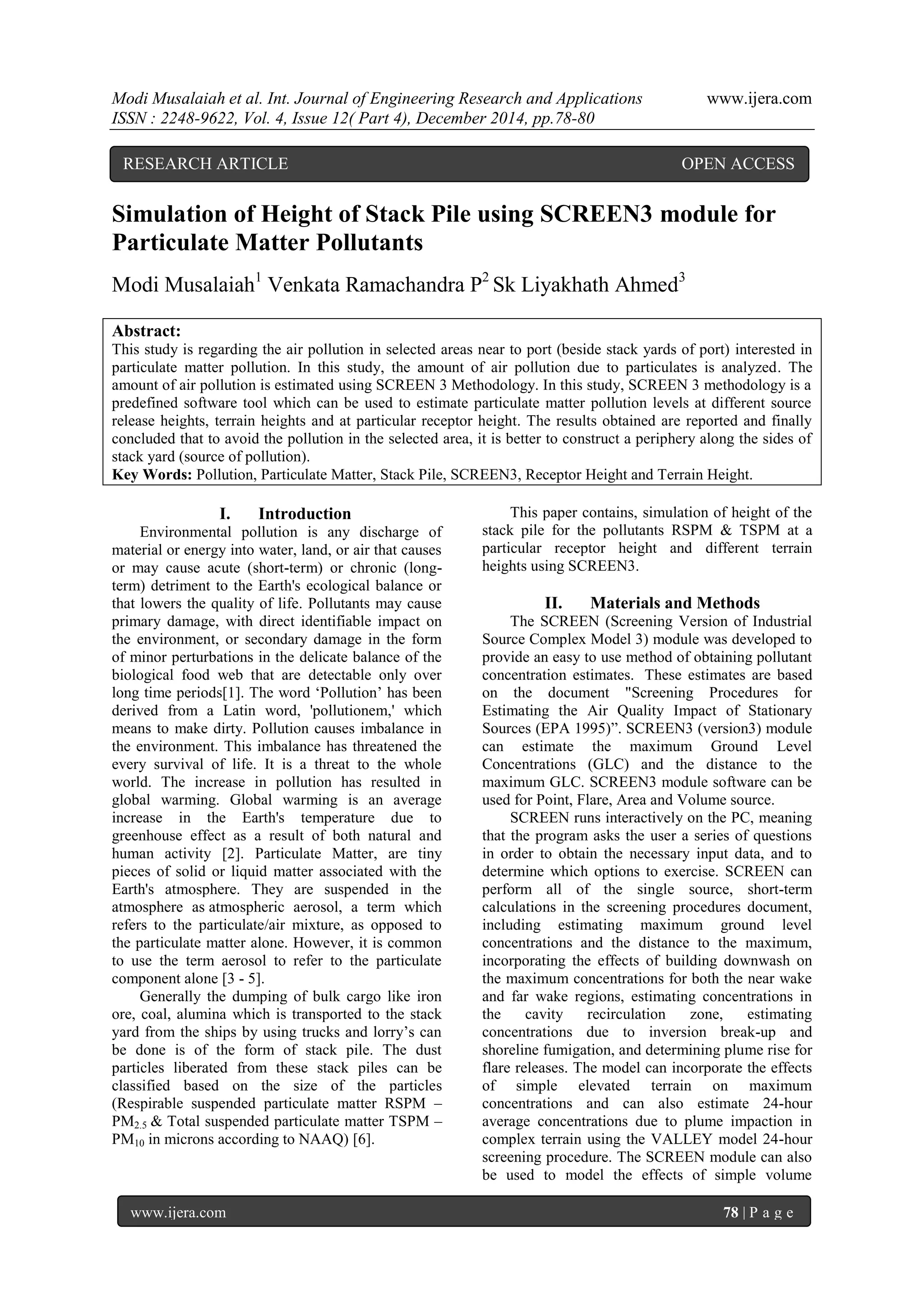 Simulation of Height of Stack Pile using SCREEN3 module for Particulate ...